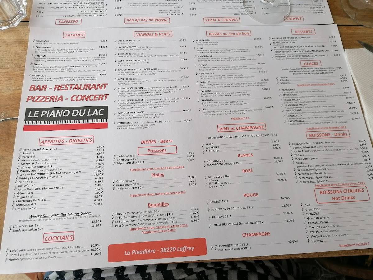 Menu au Le Piano Du Lac pub et bar, Laffrey