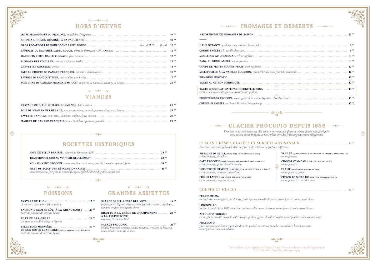Menu at Le Procope restaurant, Paris, 13 Rue de l'Ancienne Comédie