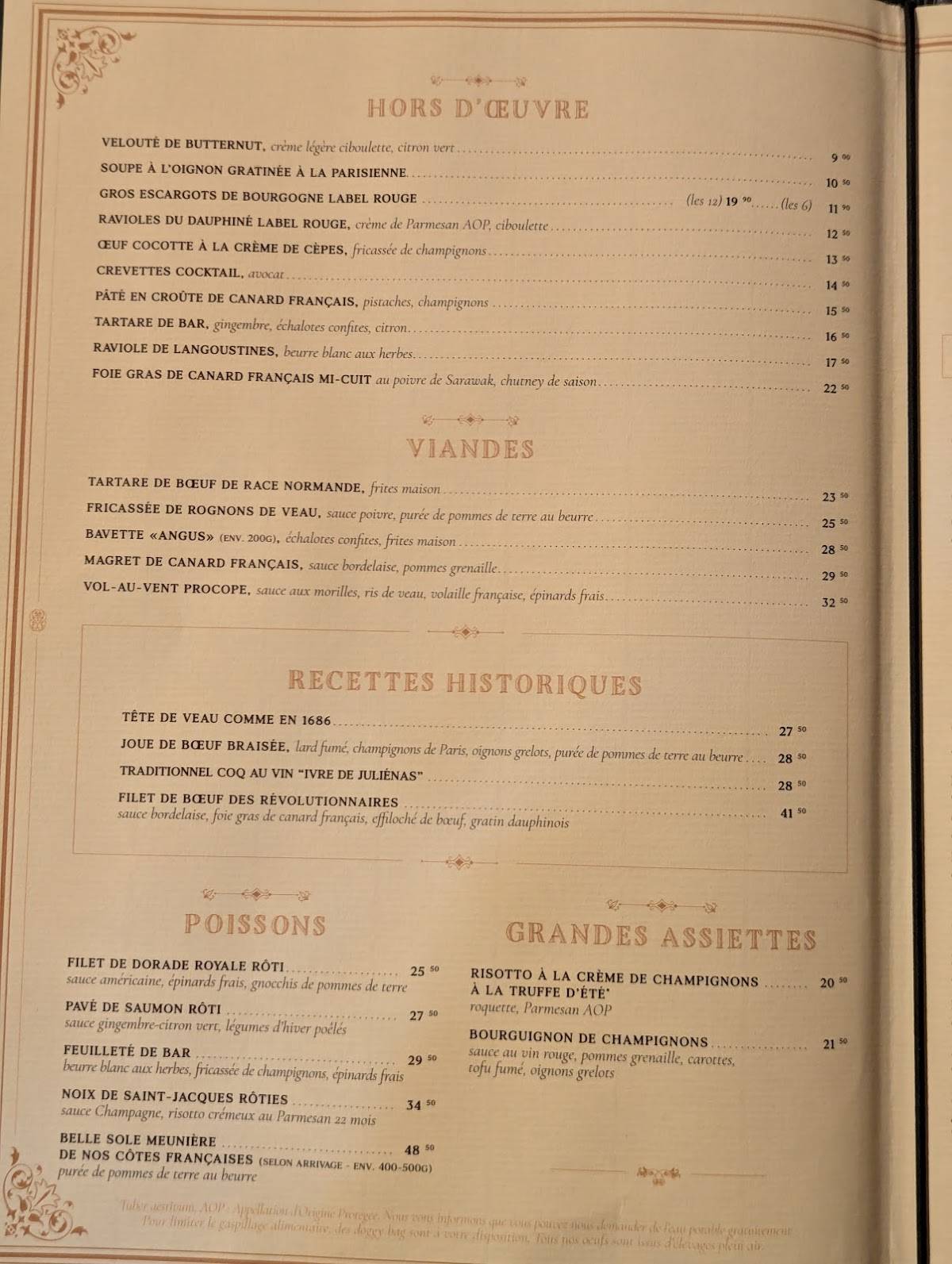 Menu au Café Procope, Paris, 13 Rue de l'Ancienne Comédie