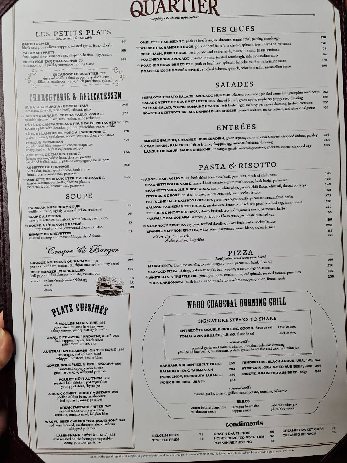 Menu at Le Quartier restaurant, South Jakarta