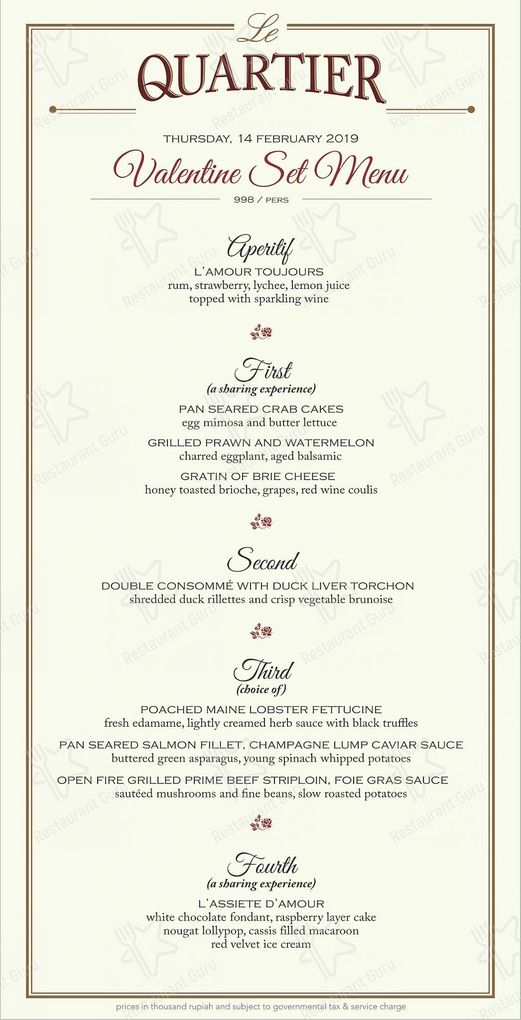 Menu at Le Quartier restaurant, South Jakarta