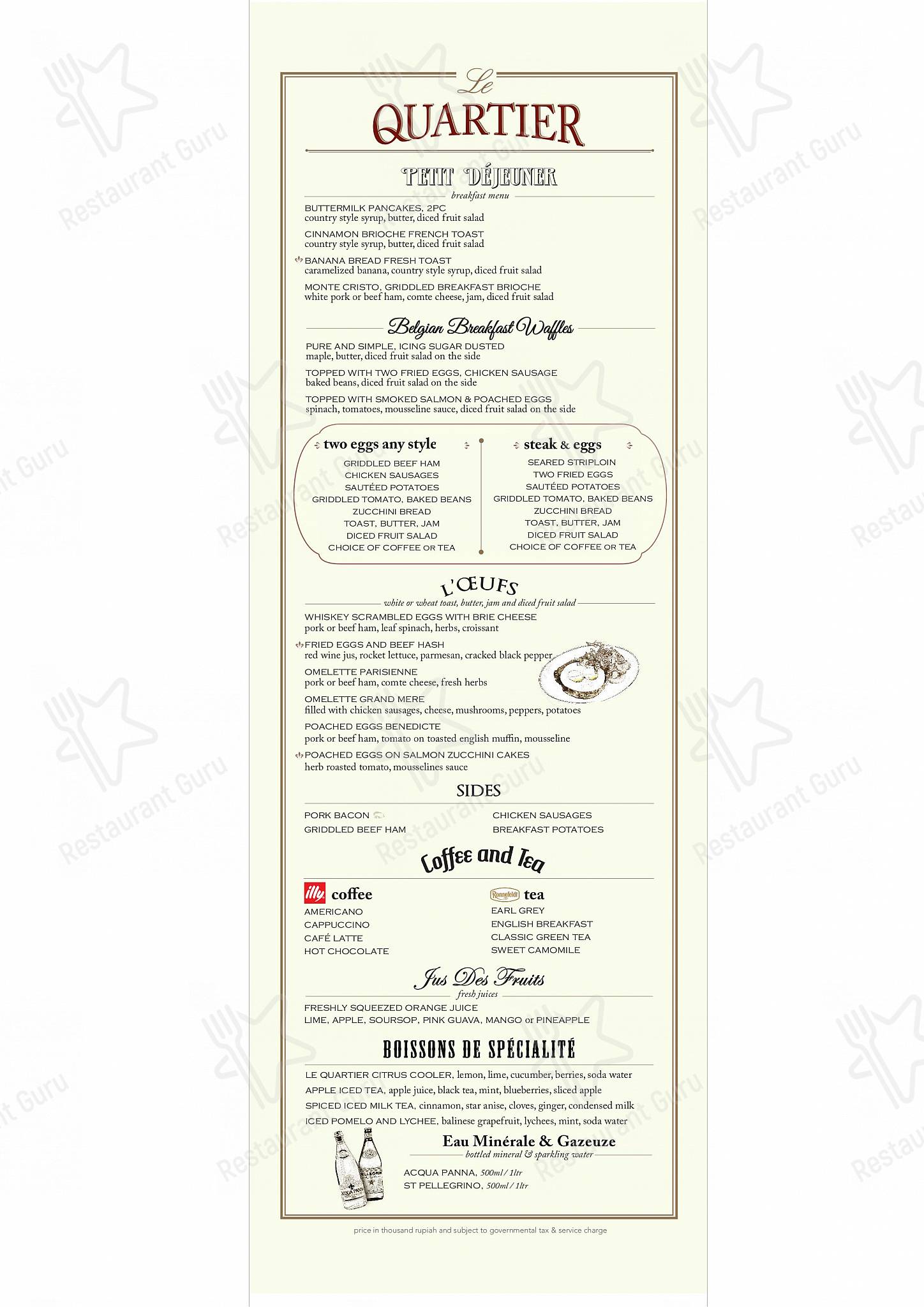Menu at Le Quartier restaurant, South Jakarta