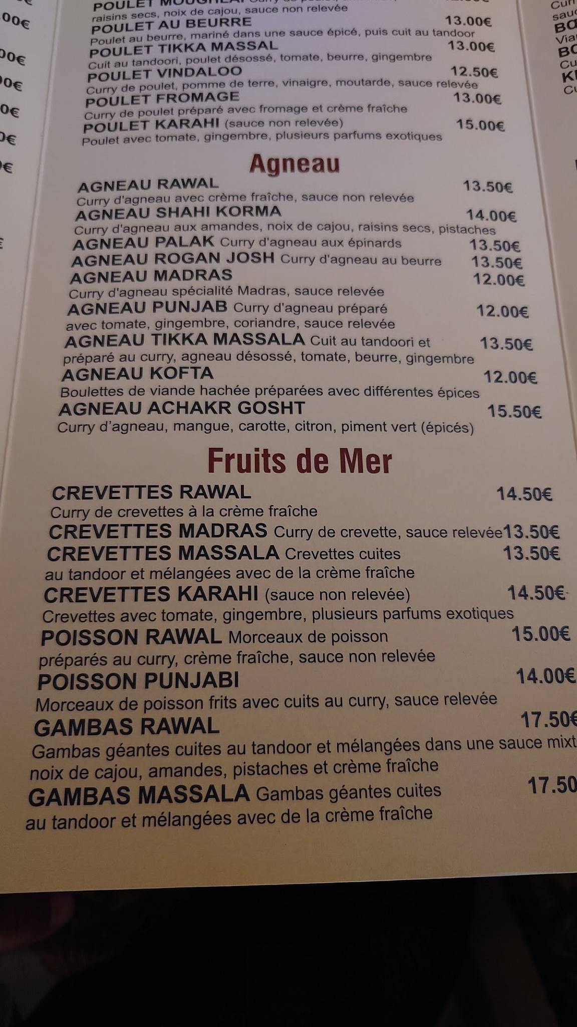 Menu au Le Rawal restaurant, Saint-Denis