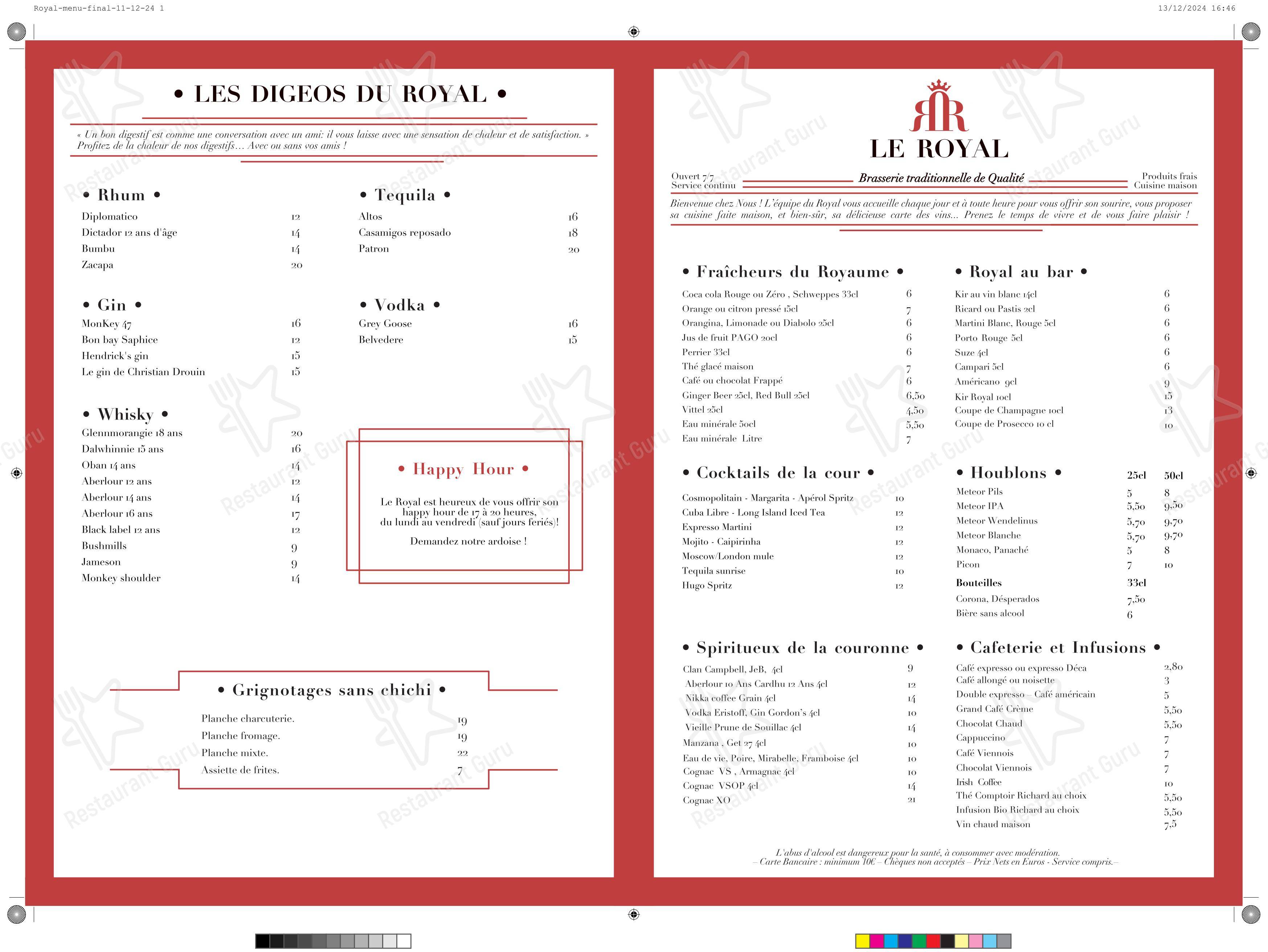Carta del pub y bar Le Royal, Paris, 8 Rue La Fayette