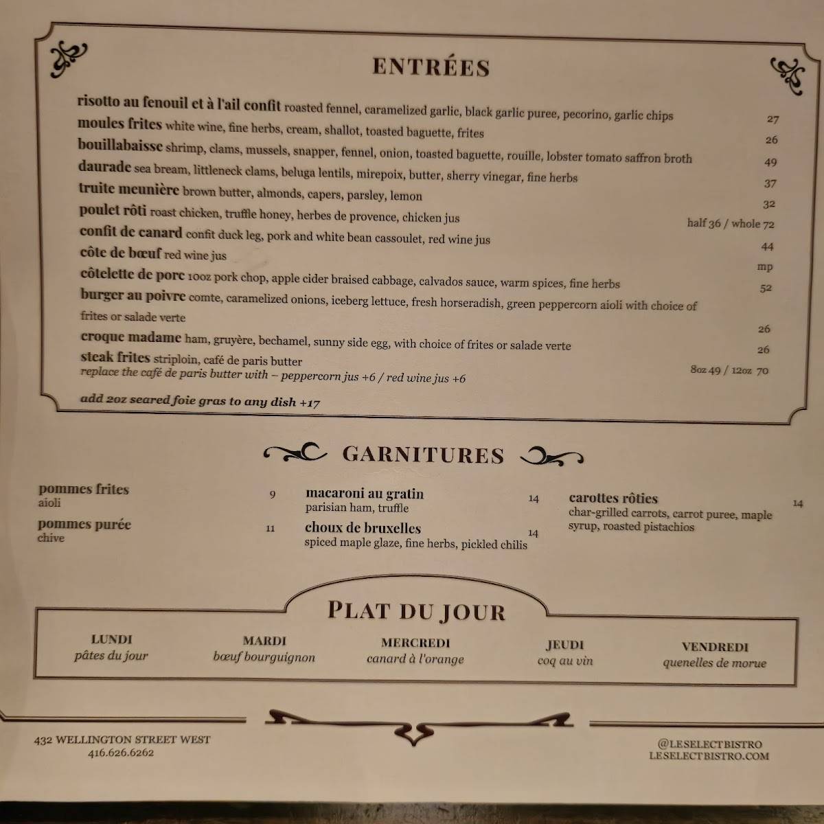 Menu at Le Sélect Bistro restaurant, Toronto