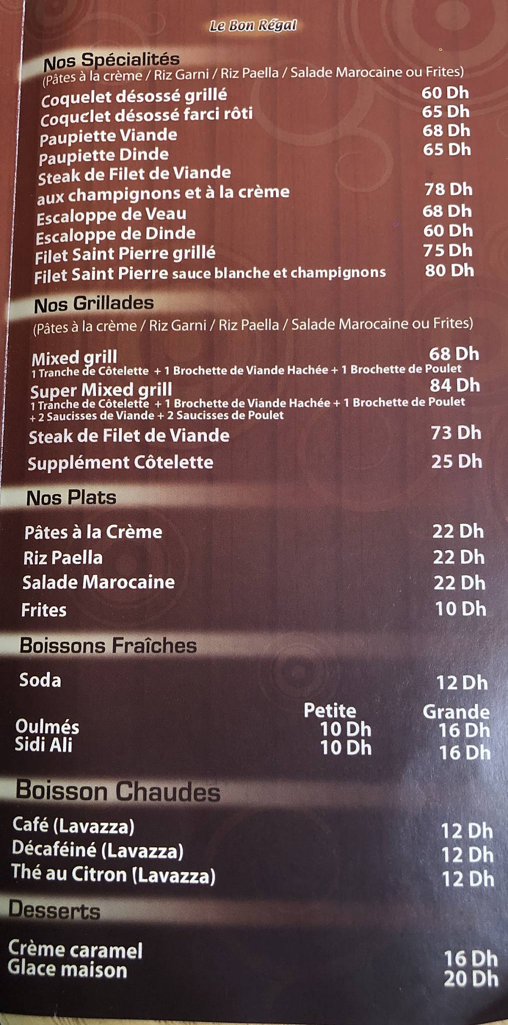 Menu au Le bon régal Ghandi restaurant, Casablanca, 184 Bd Ghandi