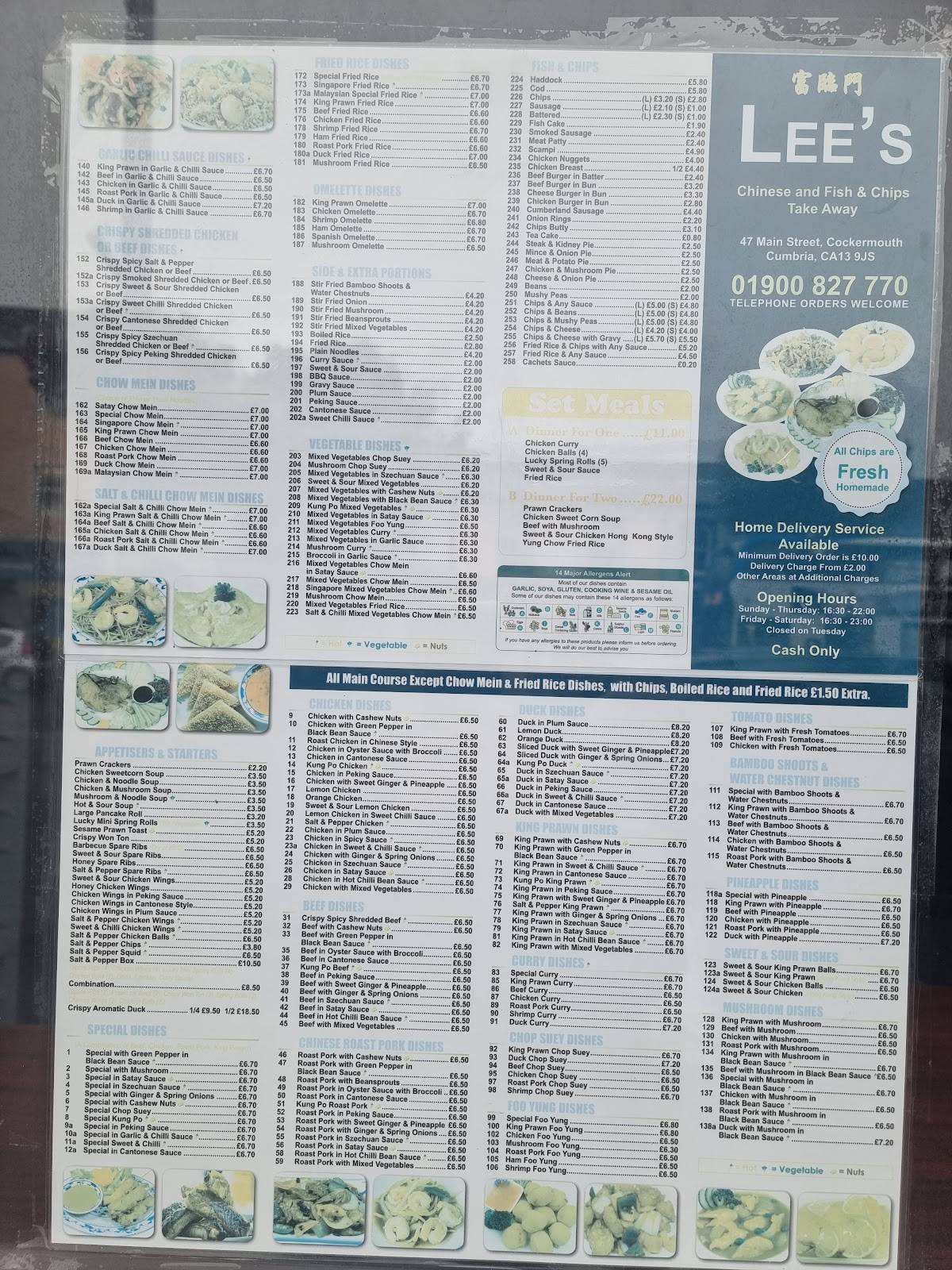Menu at Lee's Fish & Chips and Chinese Take Away fast food, Cockermouth