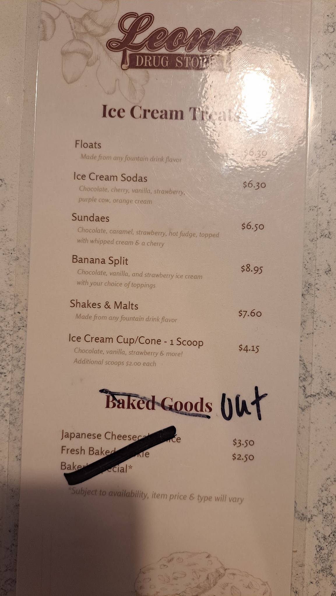 Menu at Leona Drug Store, Leona