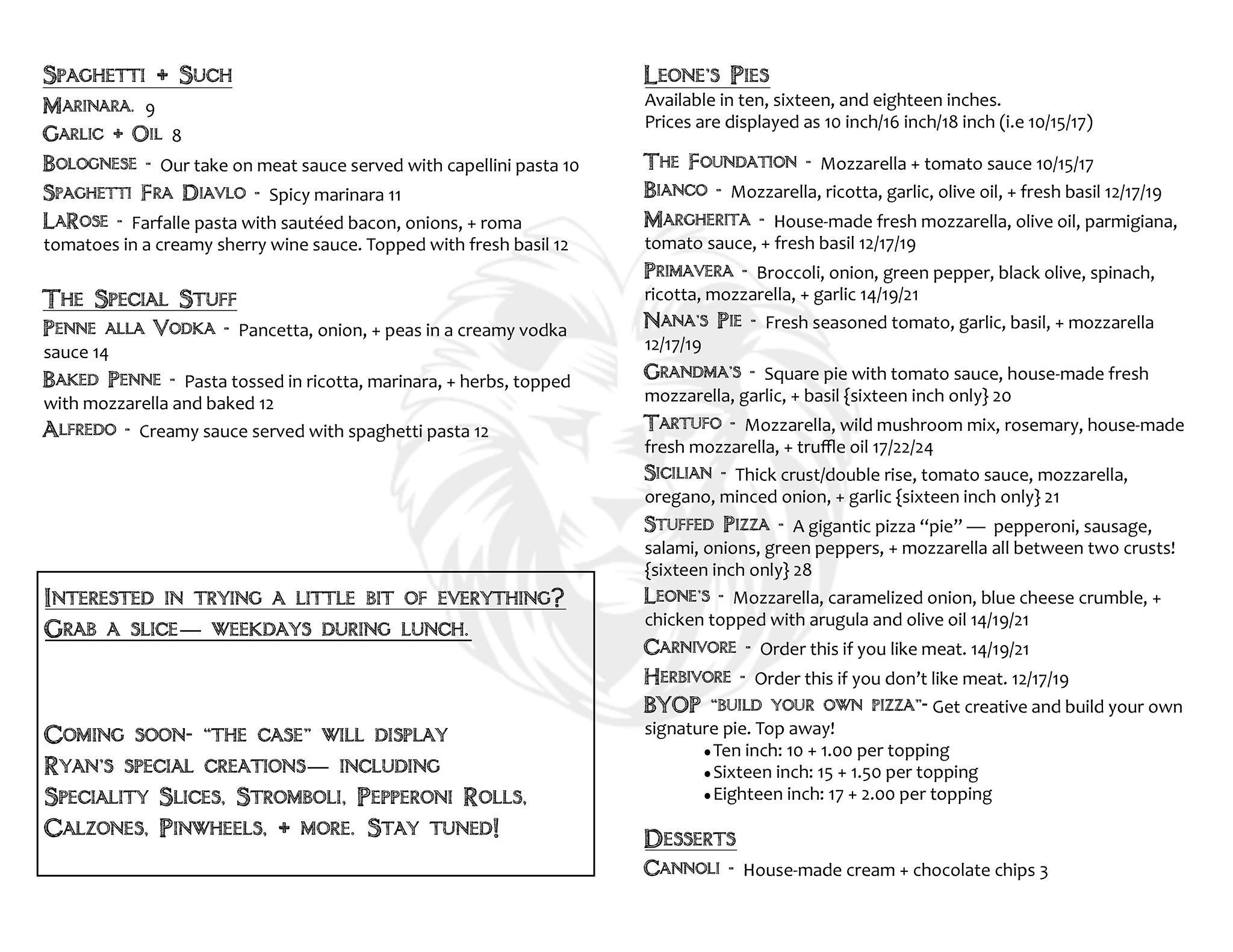 Menu at Leone's Pizza pizzeria, Columbus