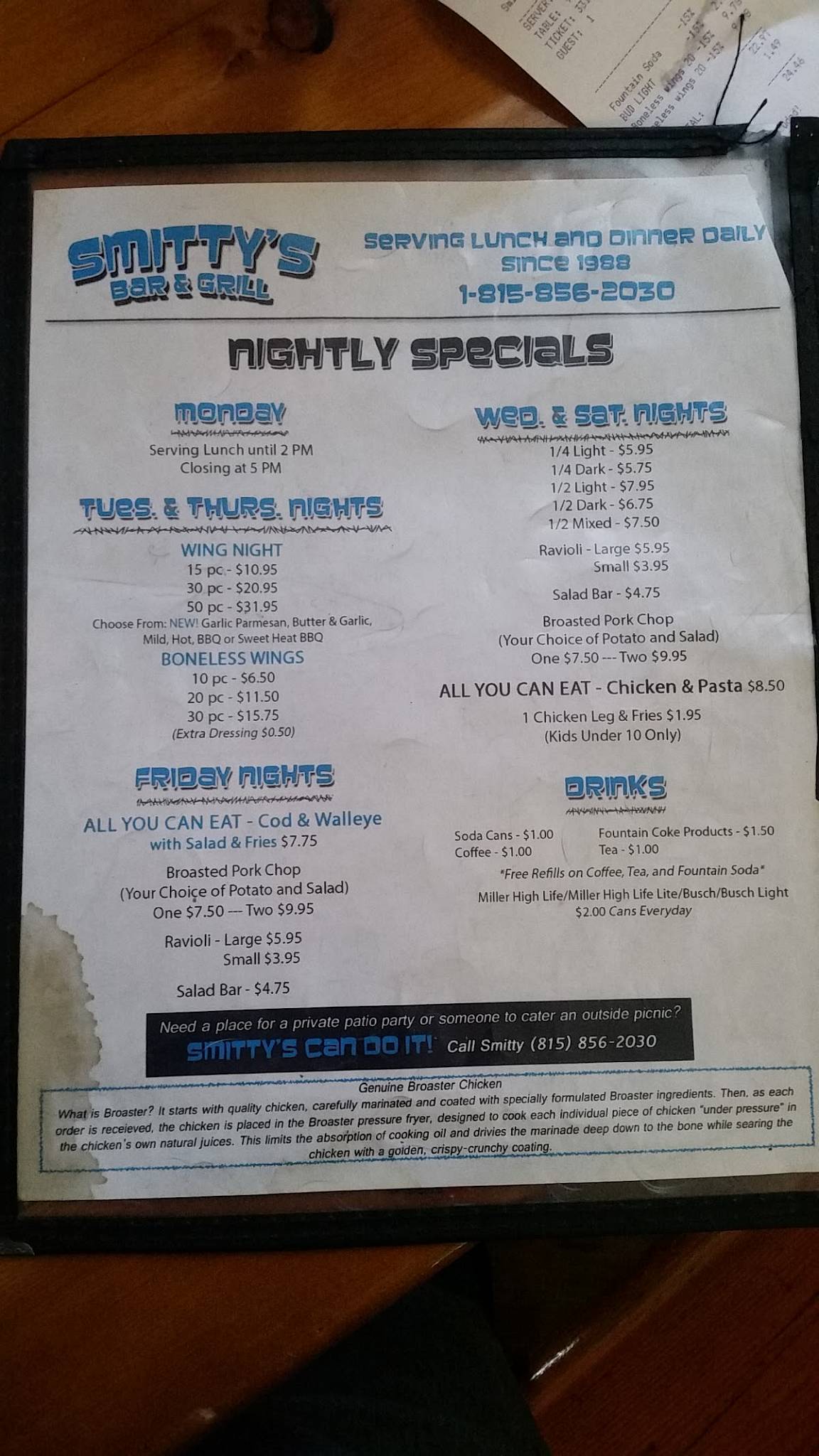 Menu at Smitty's Bar & Grill, Leonore