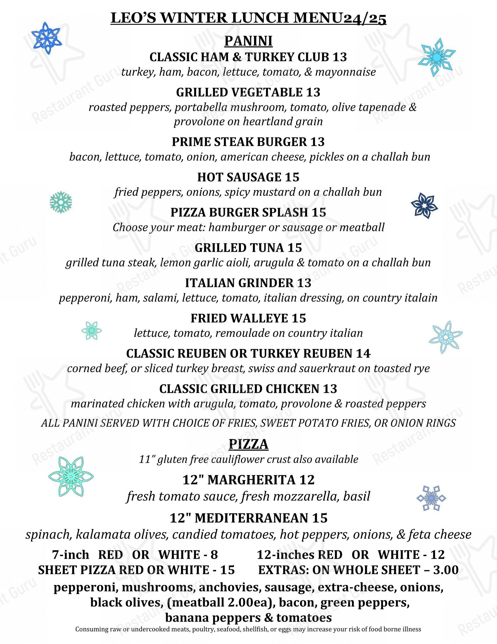 Menu at Leo's pizzeria, Warren