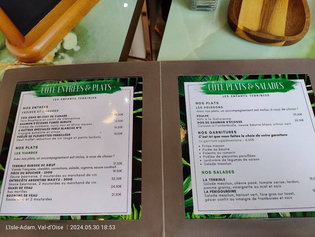 Menu au Les Enfants Terribles restaurant, L'Isle-Adam