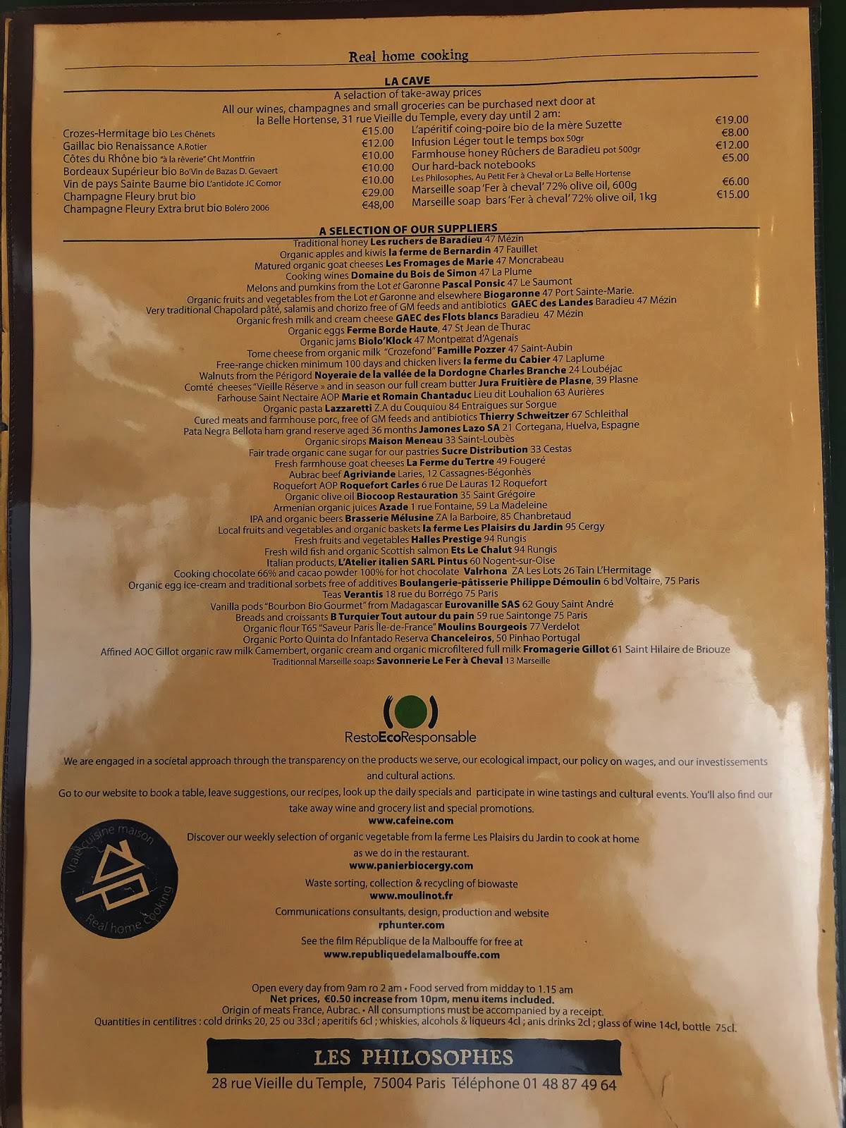 Menu at Les Philosophes restaurant, Paris, 28 Rue Vieille du Temple