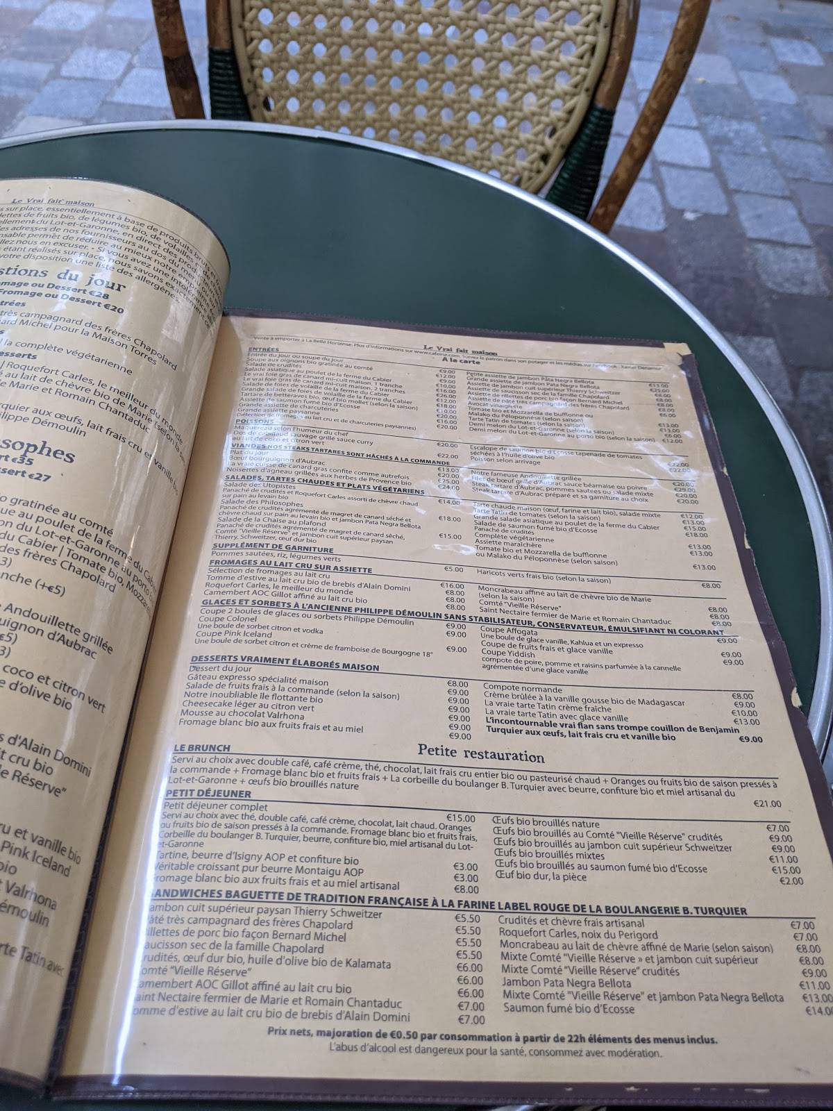 Menu at Les Philosophes restaurant, Paris, 28 Rue Vieille du Temple