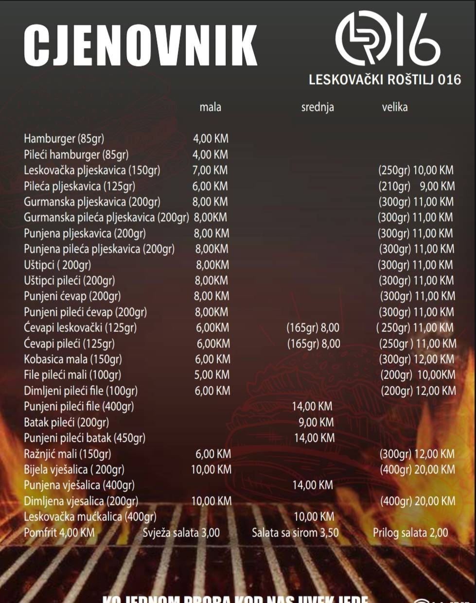 Menu at Leskovački roštilj 016 restaurant, Banja Luka