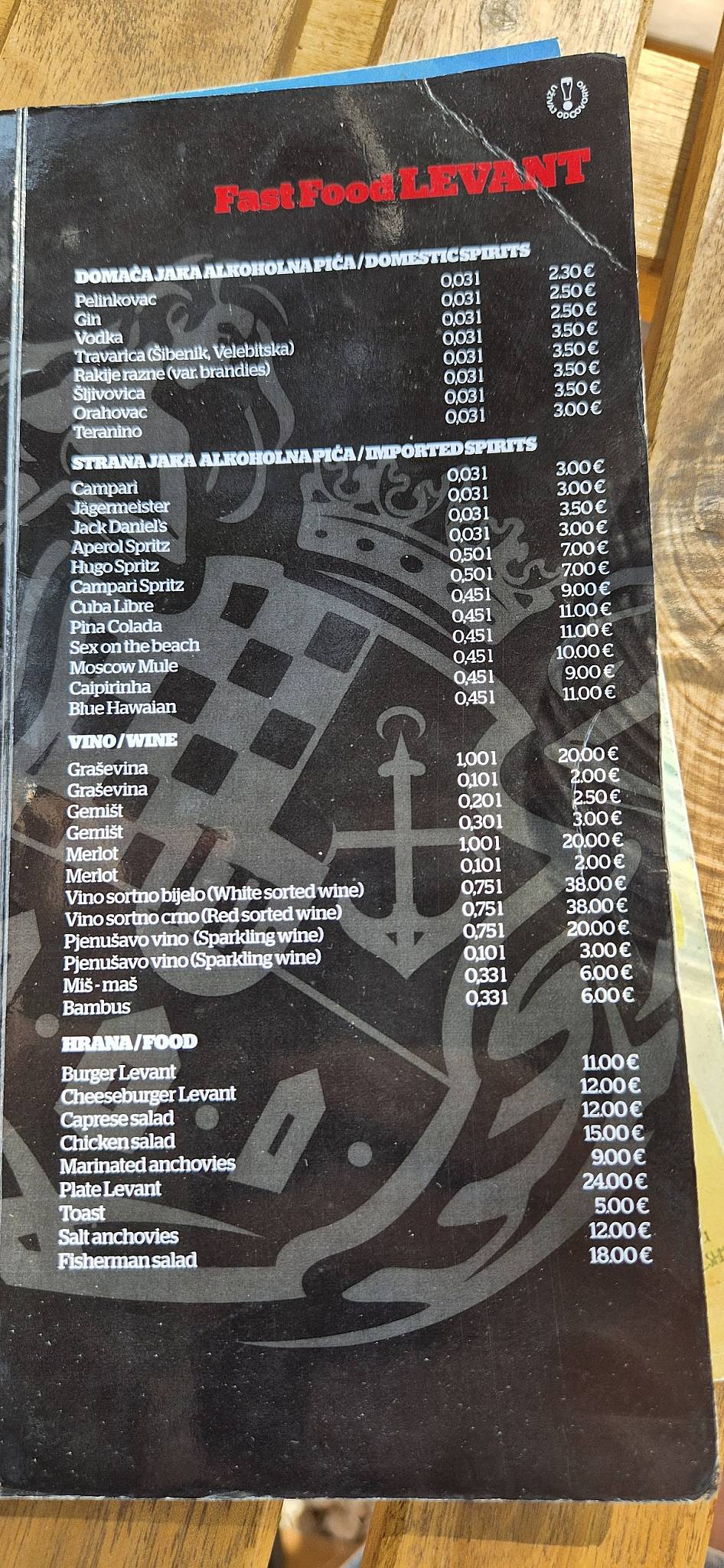 Carta del restaurante Levant Mali Lošinj, Mali Losinj