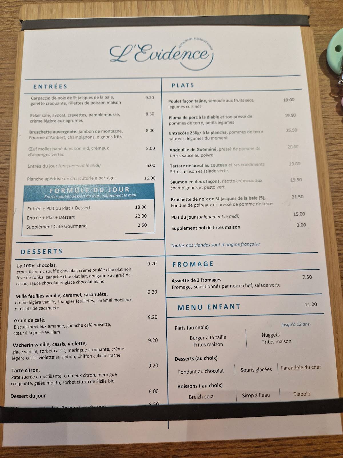 Menu au L'Évidence restaurant, Yffiniac