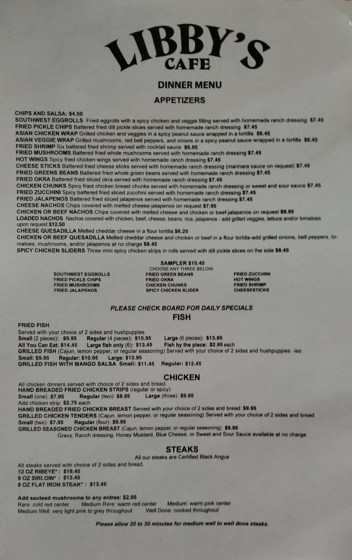 Menu at Libby's Cafe, Goldsby
