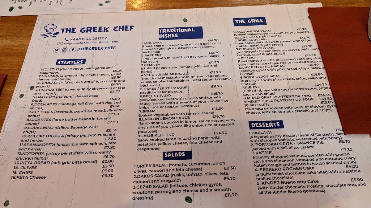 Menu at The Greek Chef restaurant, Lichfield