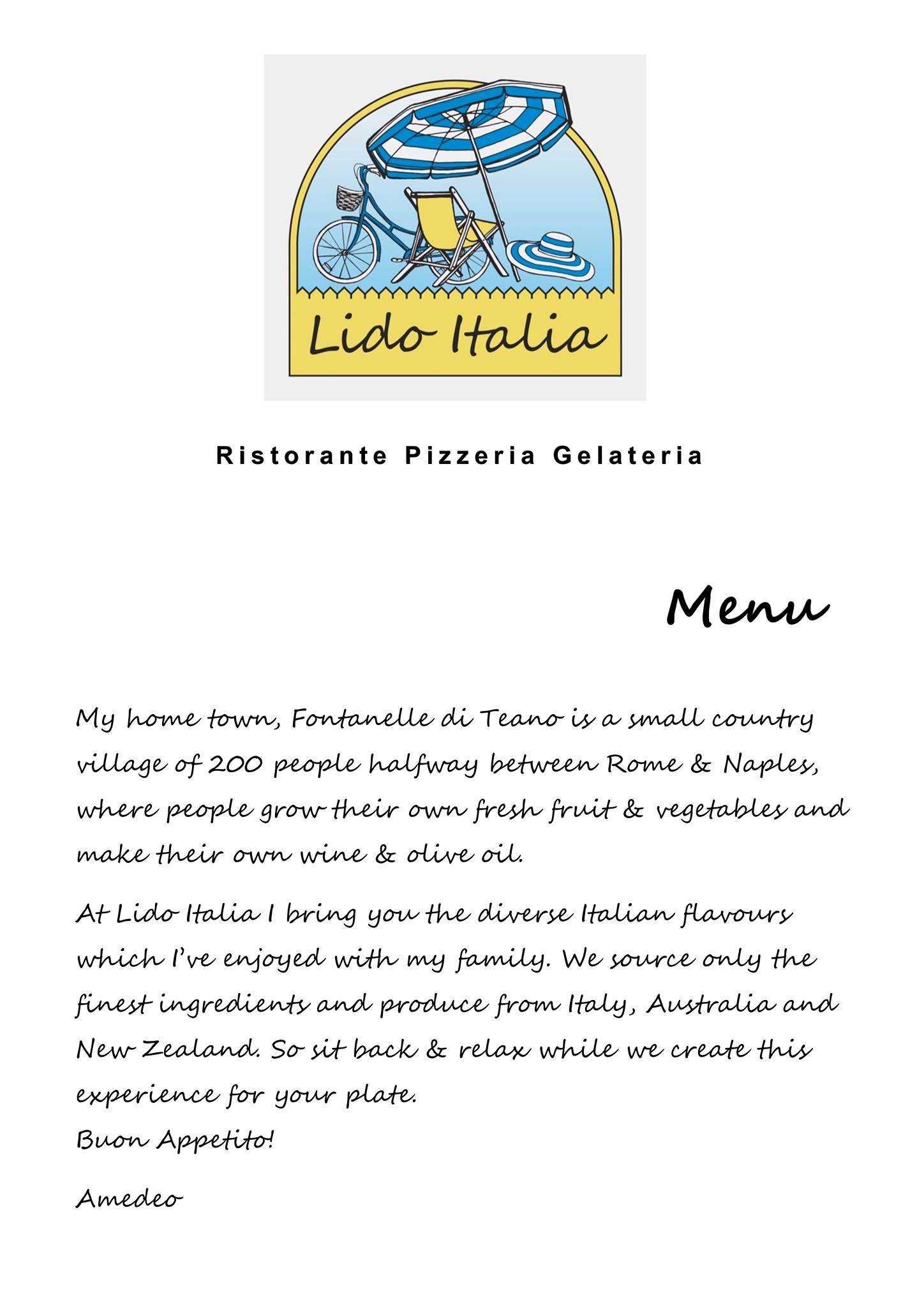 Menu at Lido Italia restaurant, Manly