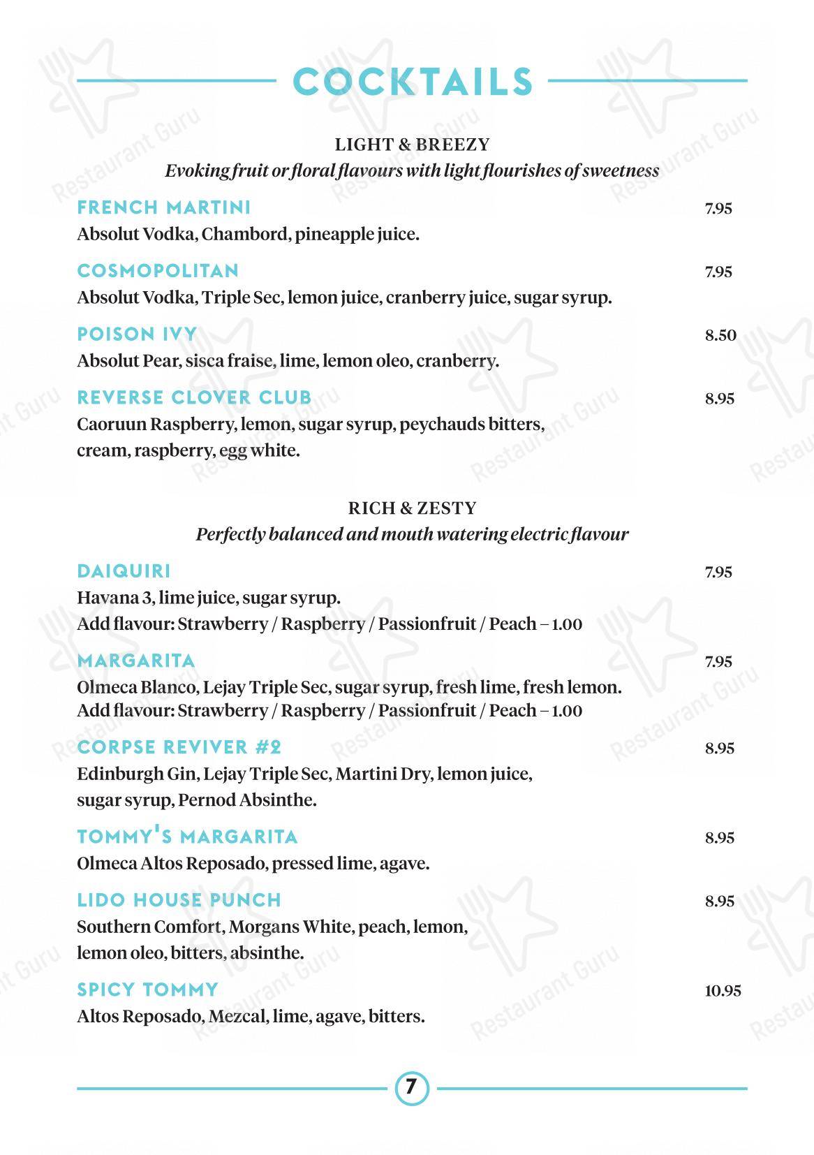 Menu at Lido Prestwick pub & bar, Prestwick