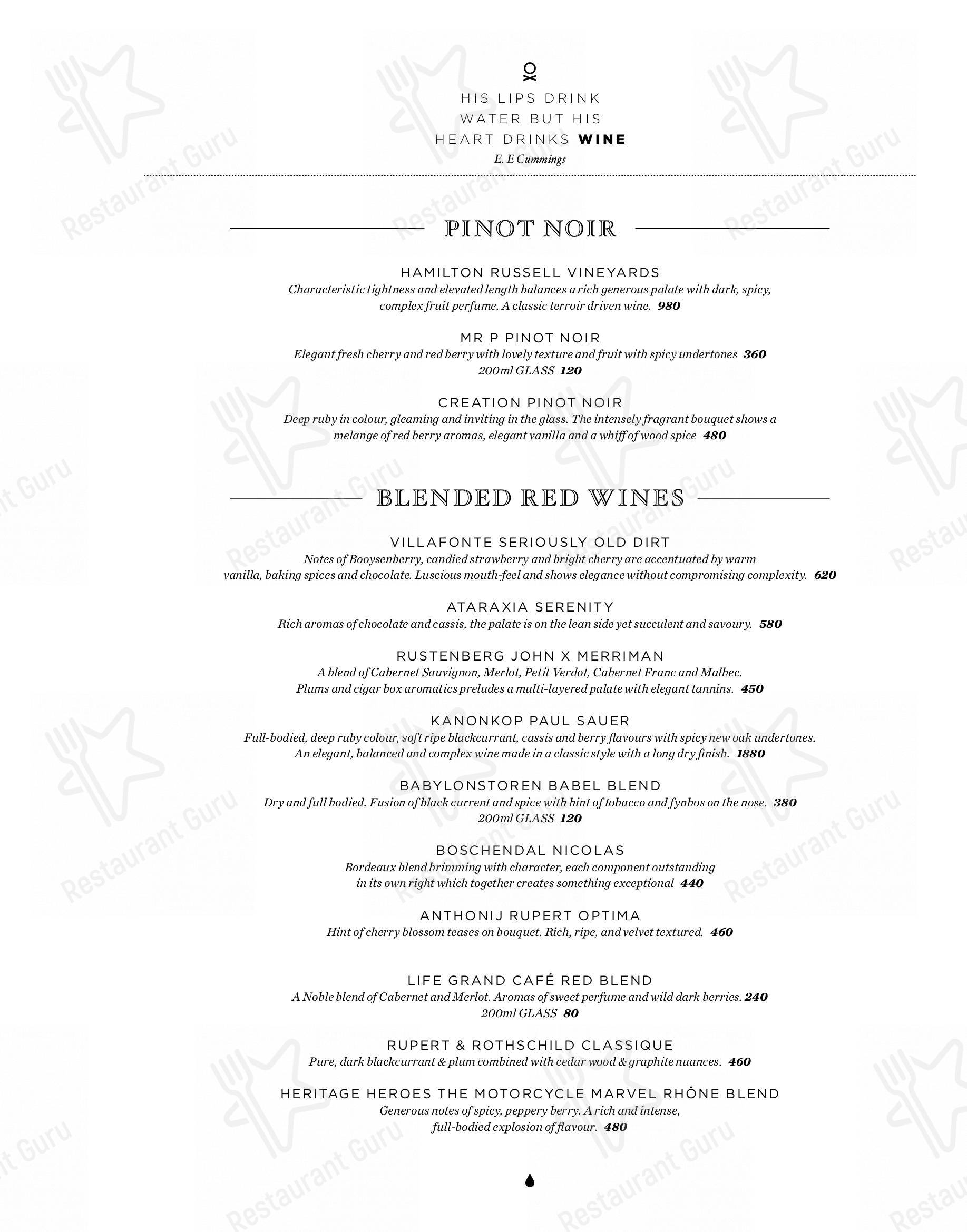 Menu at Life Grand Cafe Waterfront, Cape Town, 2 Pierhead Road