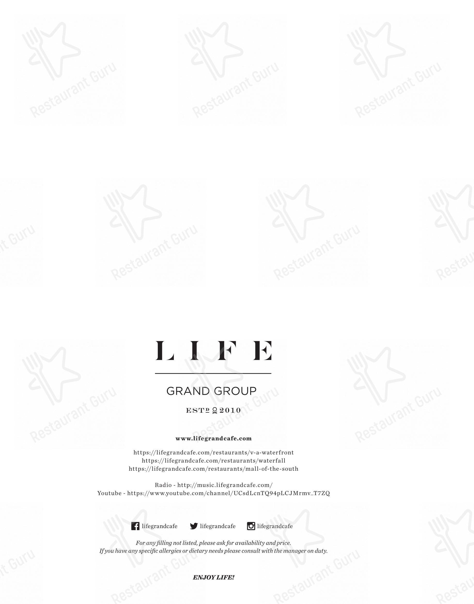 Menu at Life Grand Cafe Waterfront, Cape Town, 2 Pierhead Road