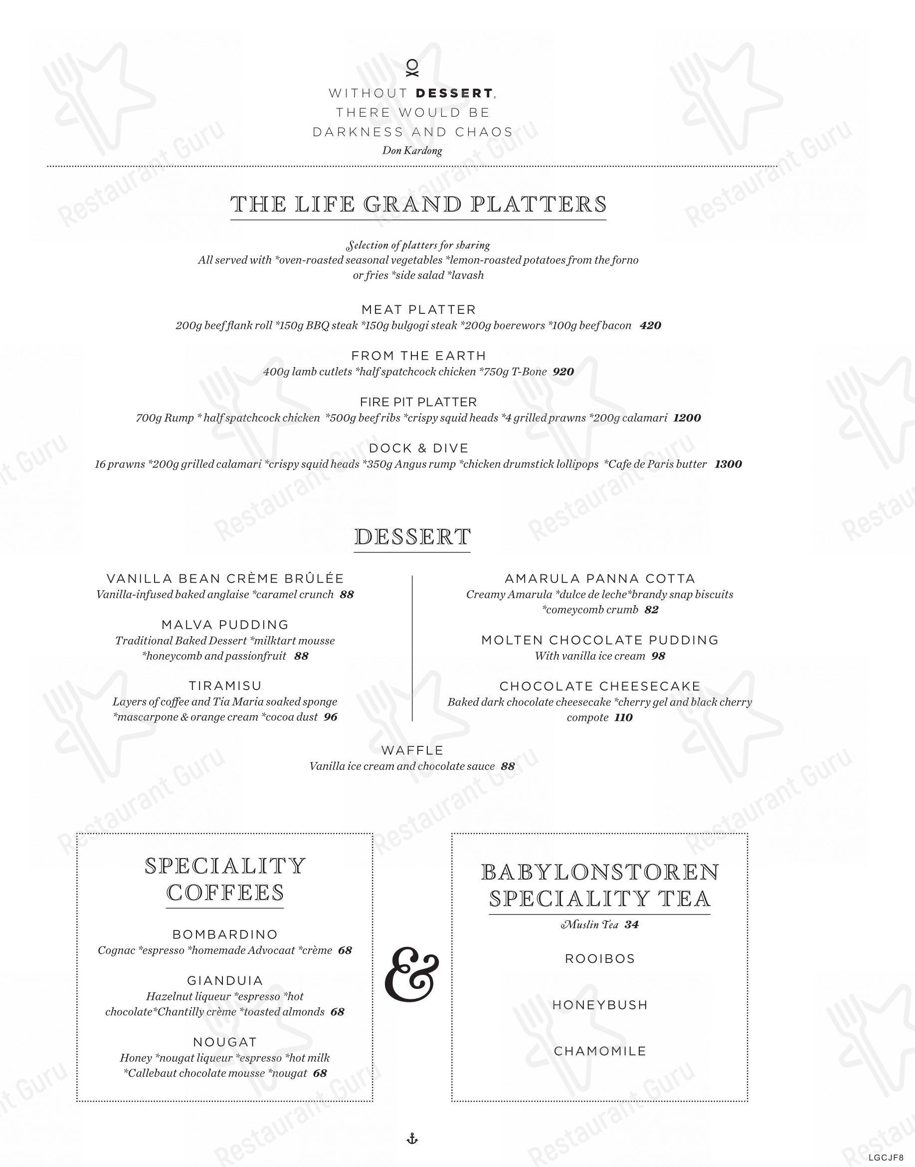 Menu at Life Grand Cafe Waterfront, Cape Town, 2 Pierhead Road