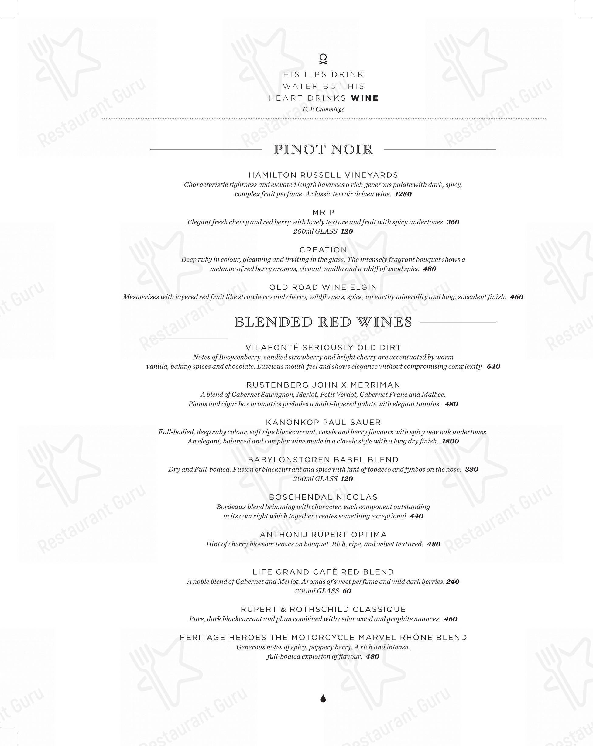 Menu at Life Grand Cafe Waterfront, Cape Town, 2 Pierhead Road