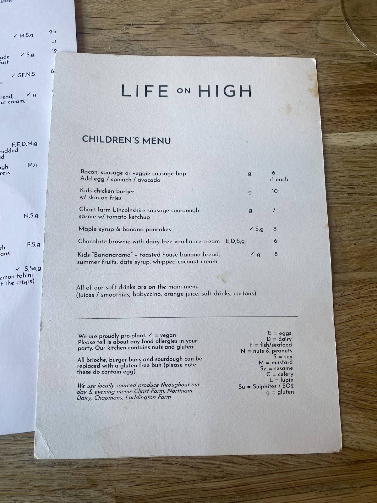 Menu at Life on High restaurant, Sevenoaks