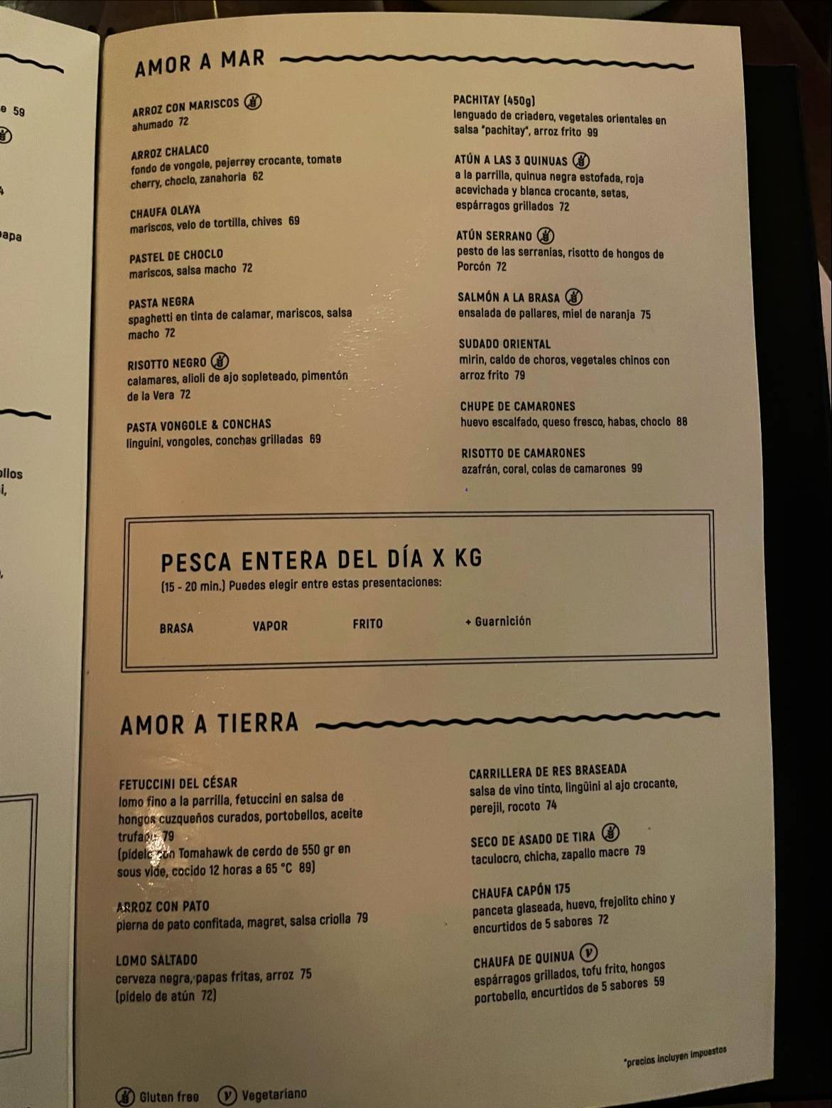 Carta del restaurante Amoramar, Lima