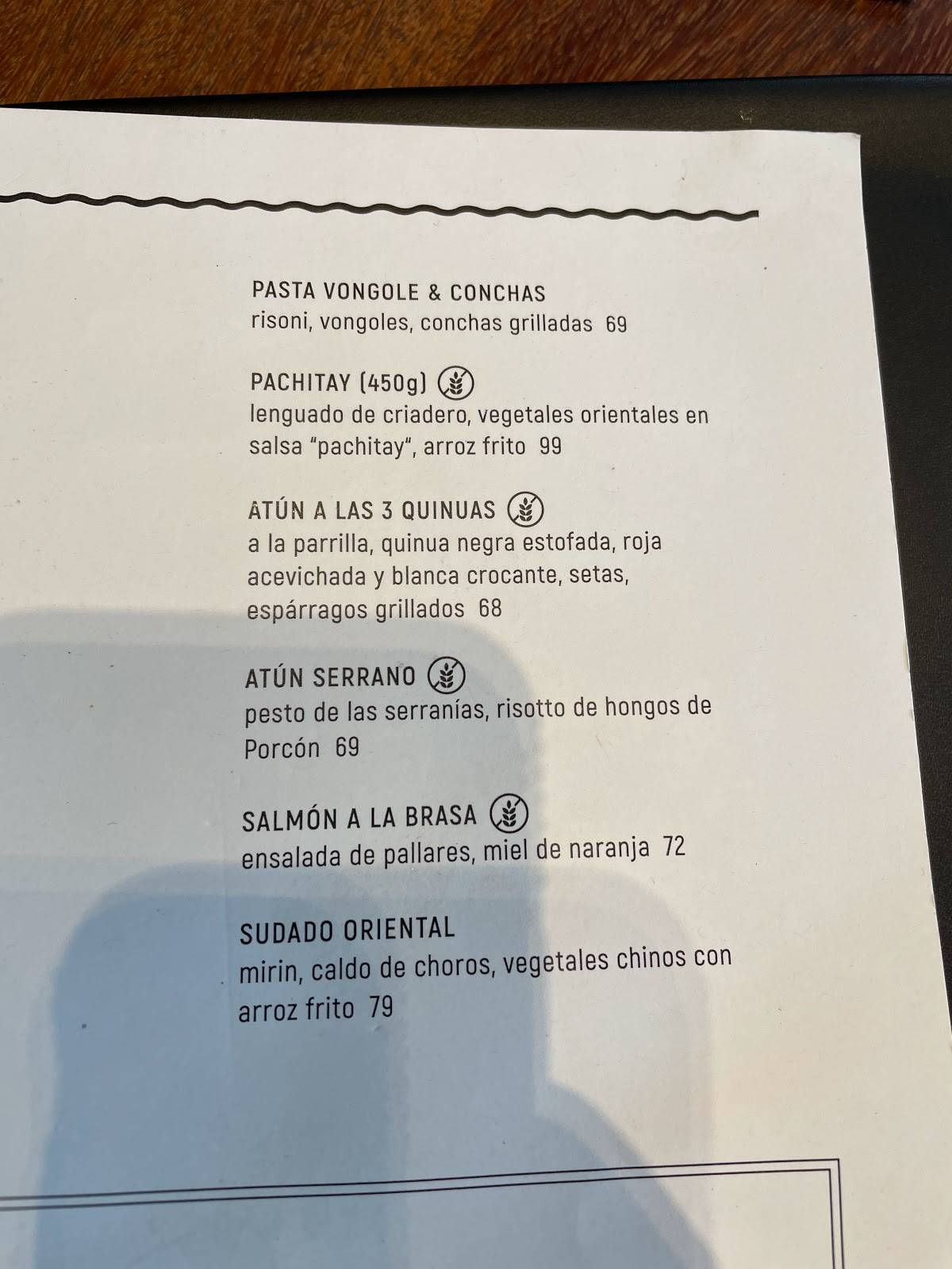 Carta del restaurante Amoramar, Lima