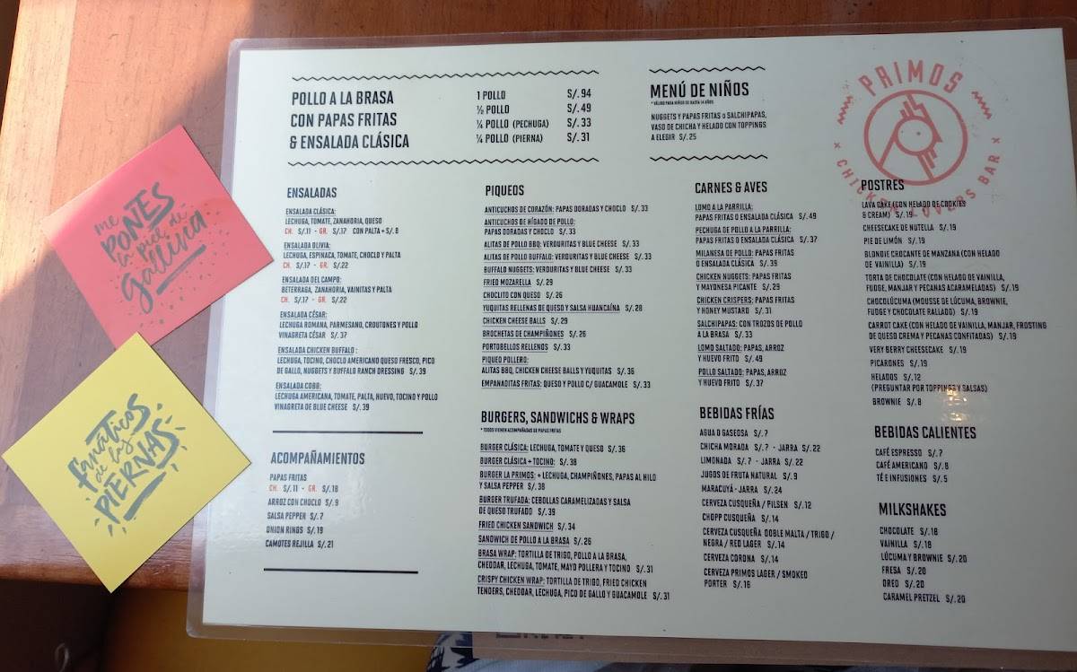 Carta de Primos Chicken Bar San Isidro, Lima