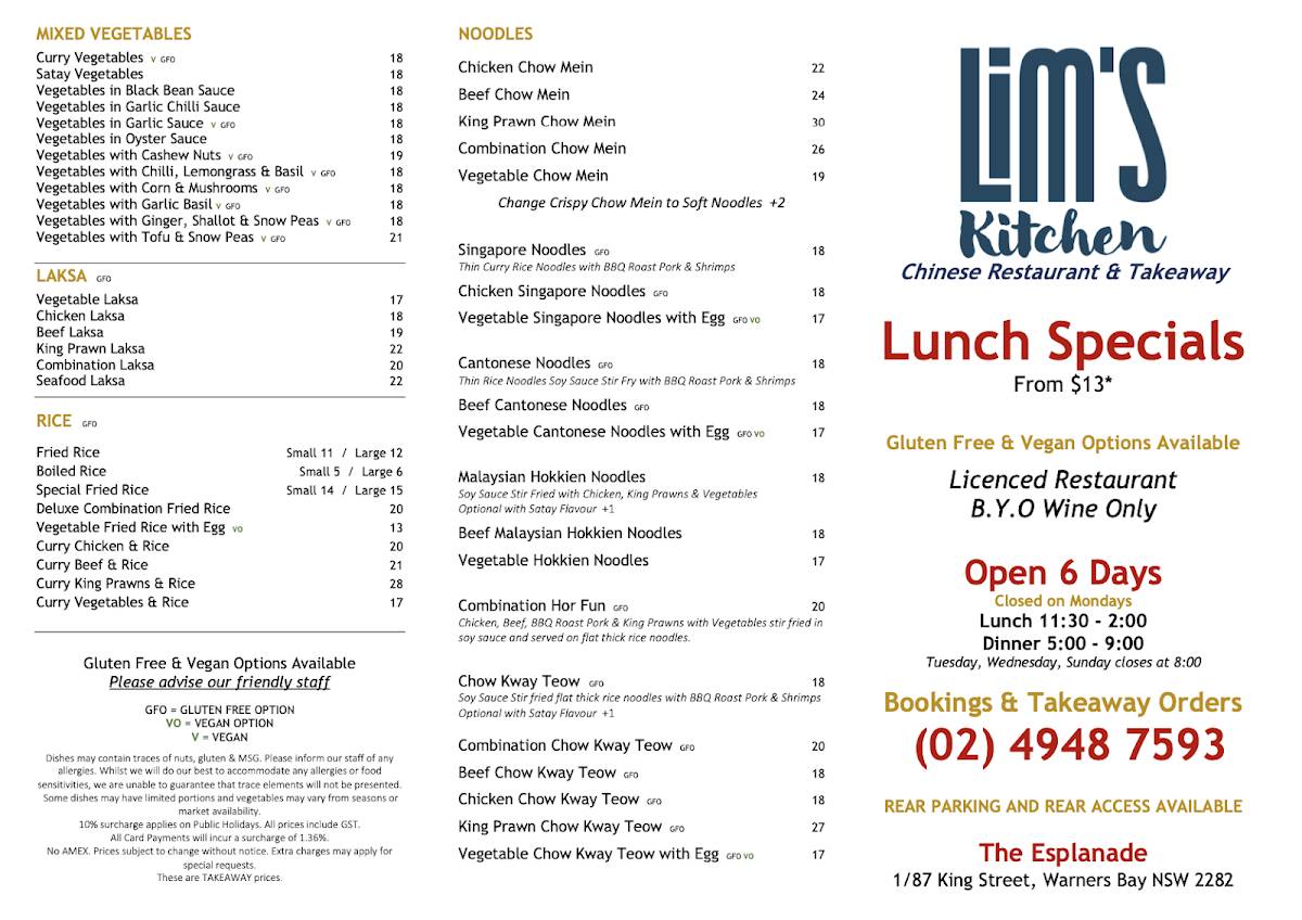 Menu at Lim's Kitchen restaurant, Warners Bay