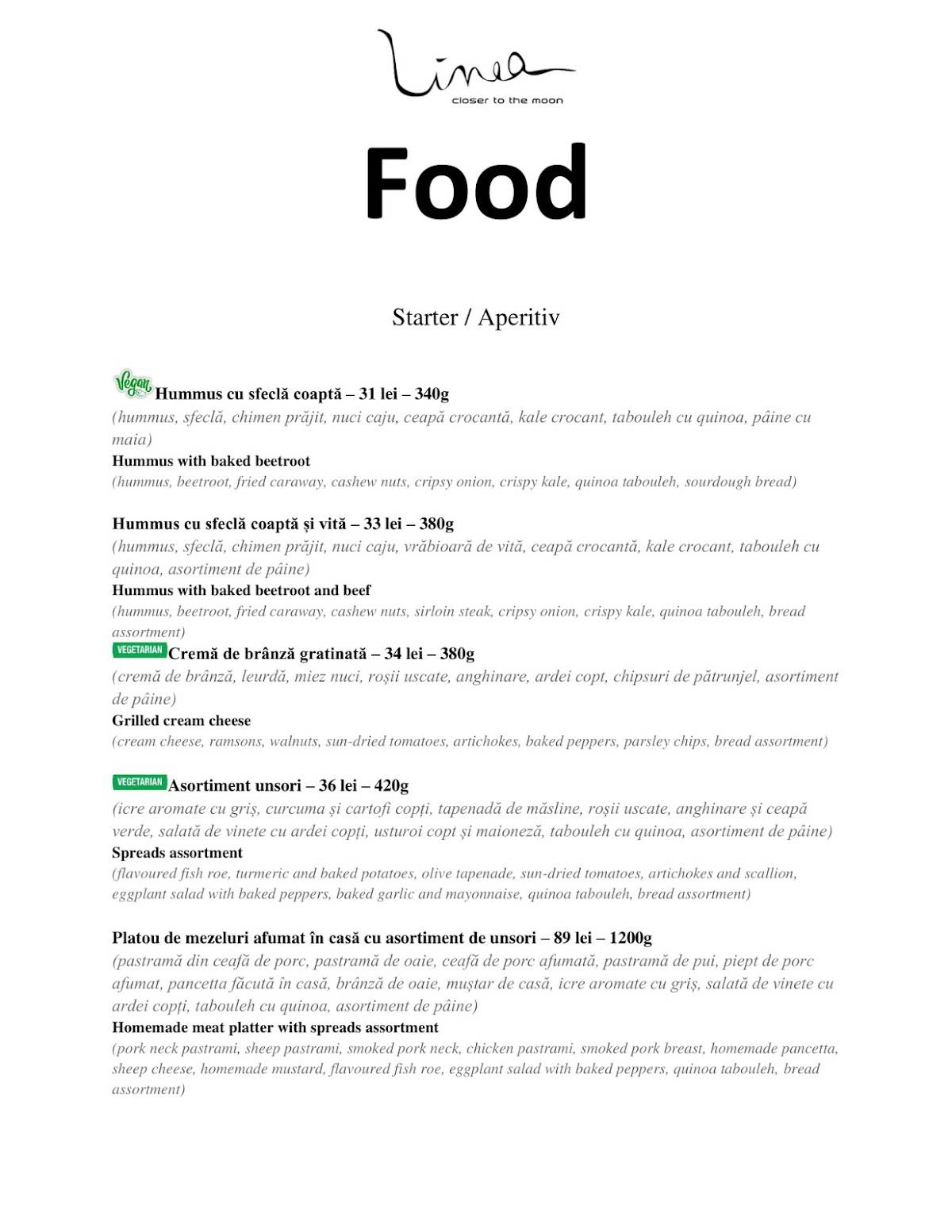 Menu at Linea / Closer To The Moon, Bucharest