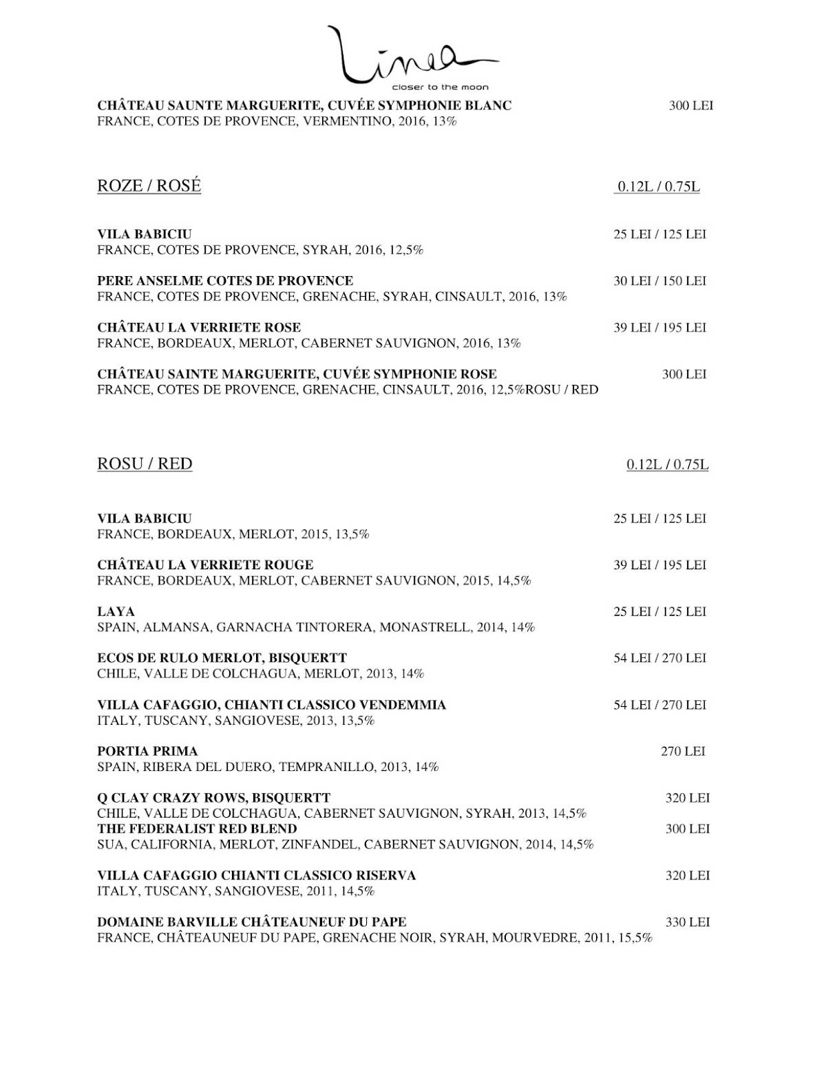 Menu at Linea / Closer To The Moon, Bucharest