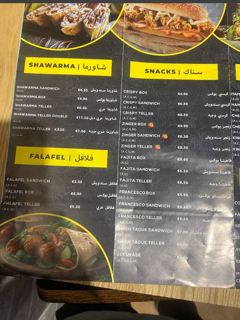 Menu au Shawarma King restaurant, Linz