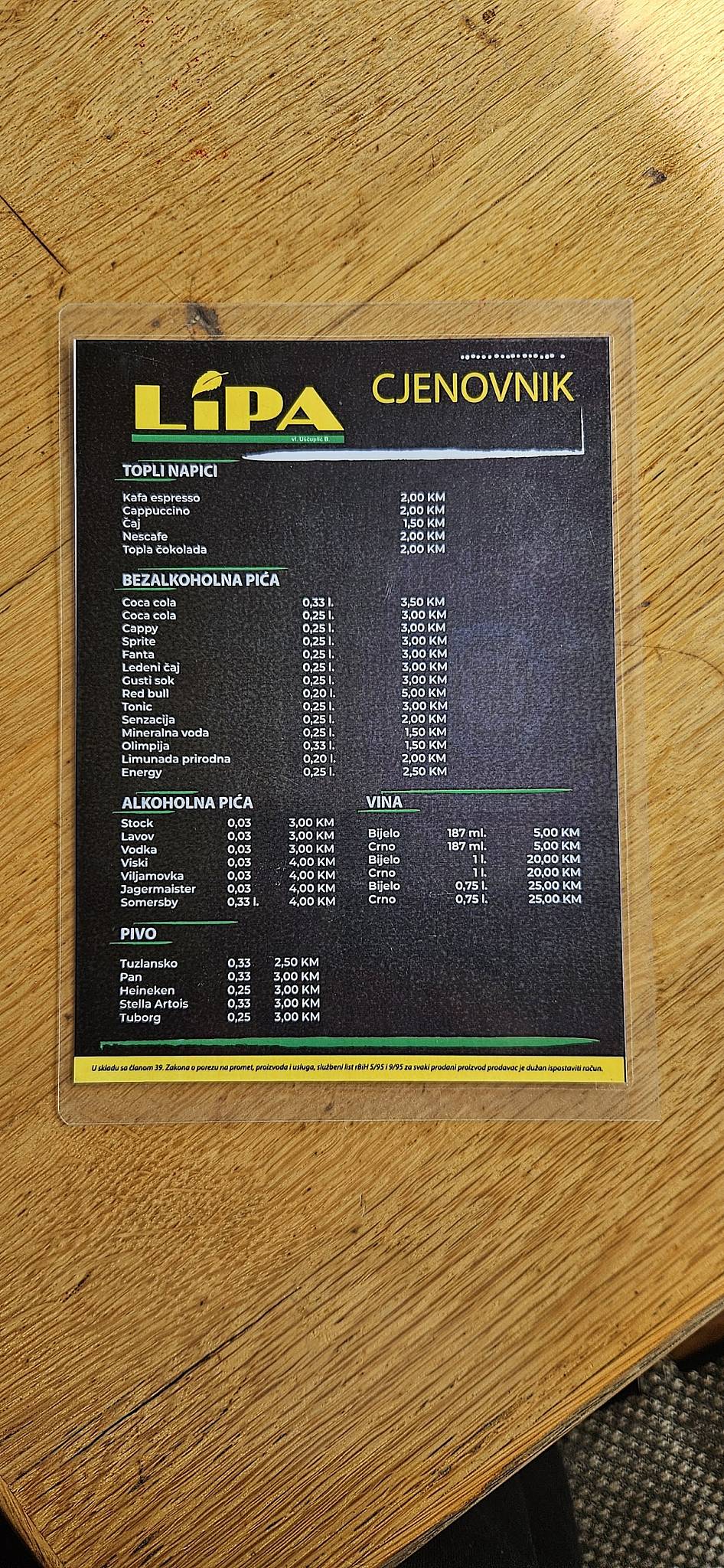Menu at Lipa cafe, Kalesija