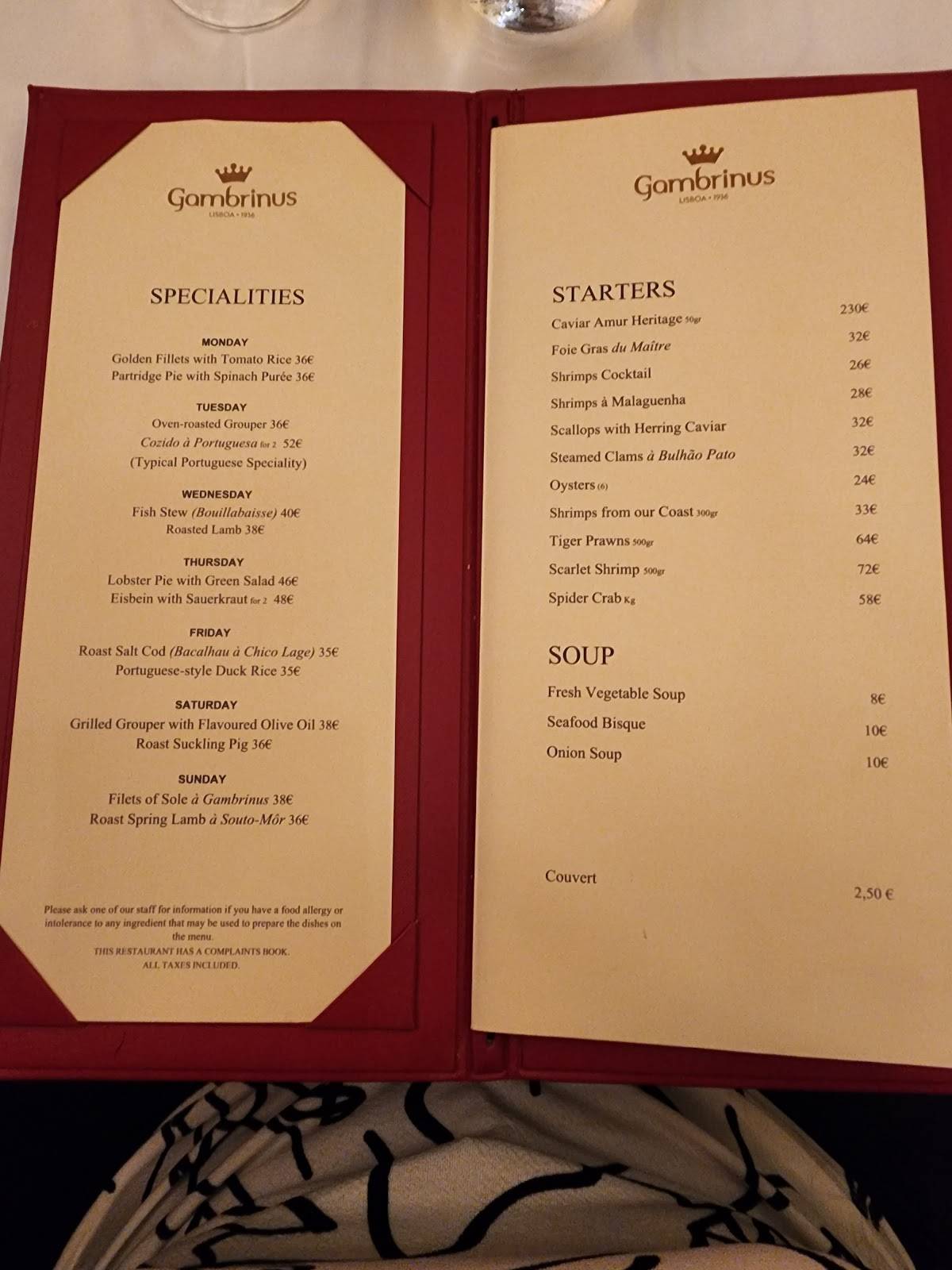 Menu at Gambrinus restaurant, Lisbon