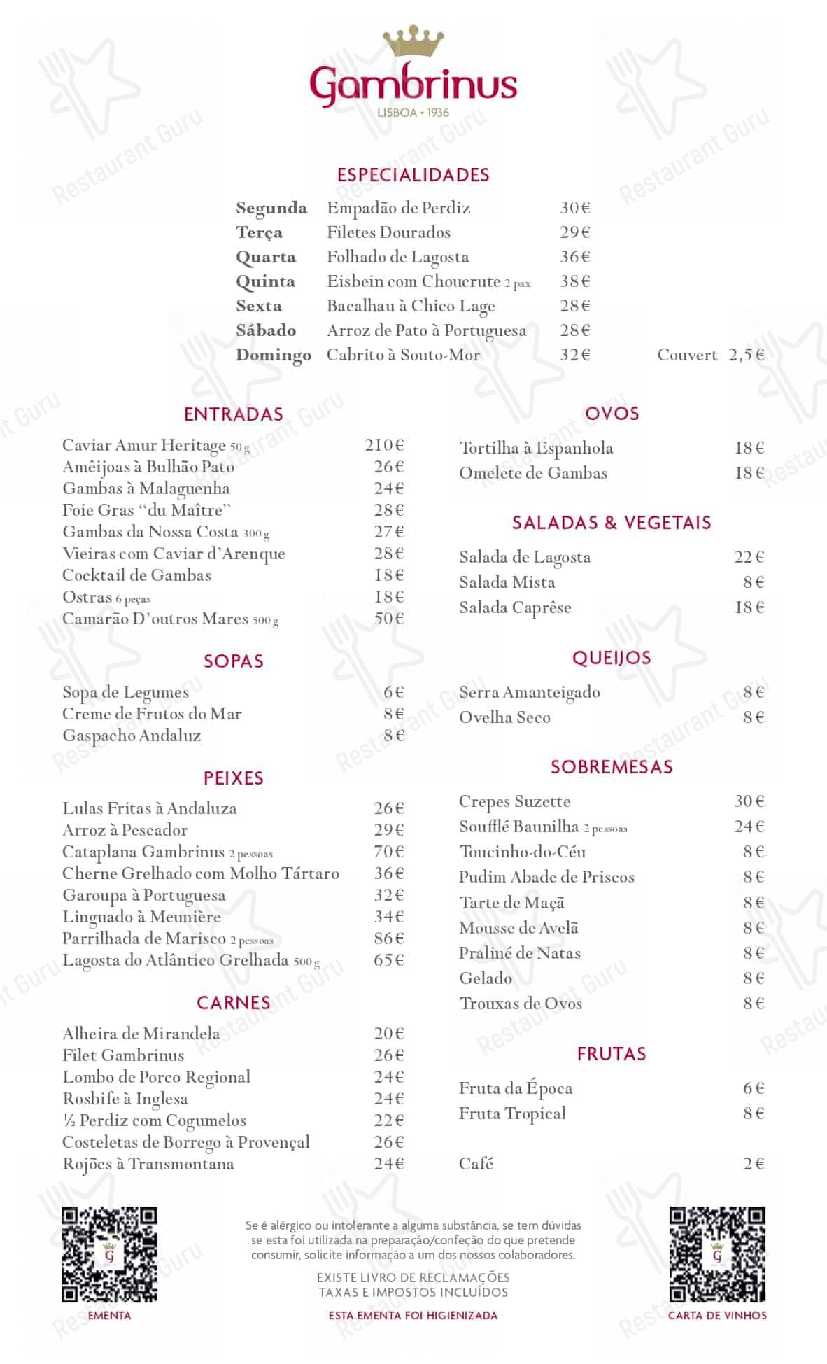 Menu at Gambrinus restaurant, Lisbon