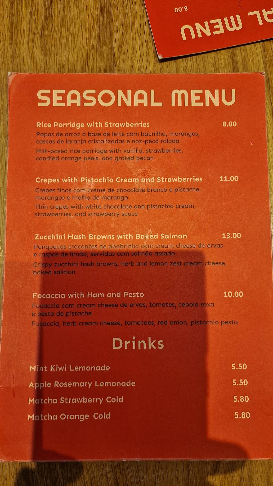 Menu em Tomorrow at 9 Cafe, Lisboa