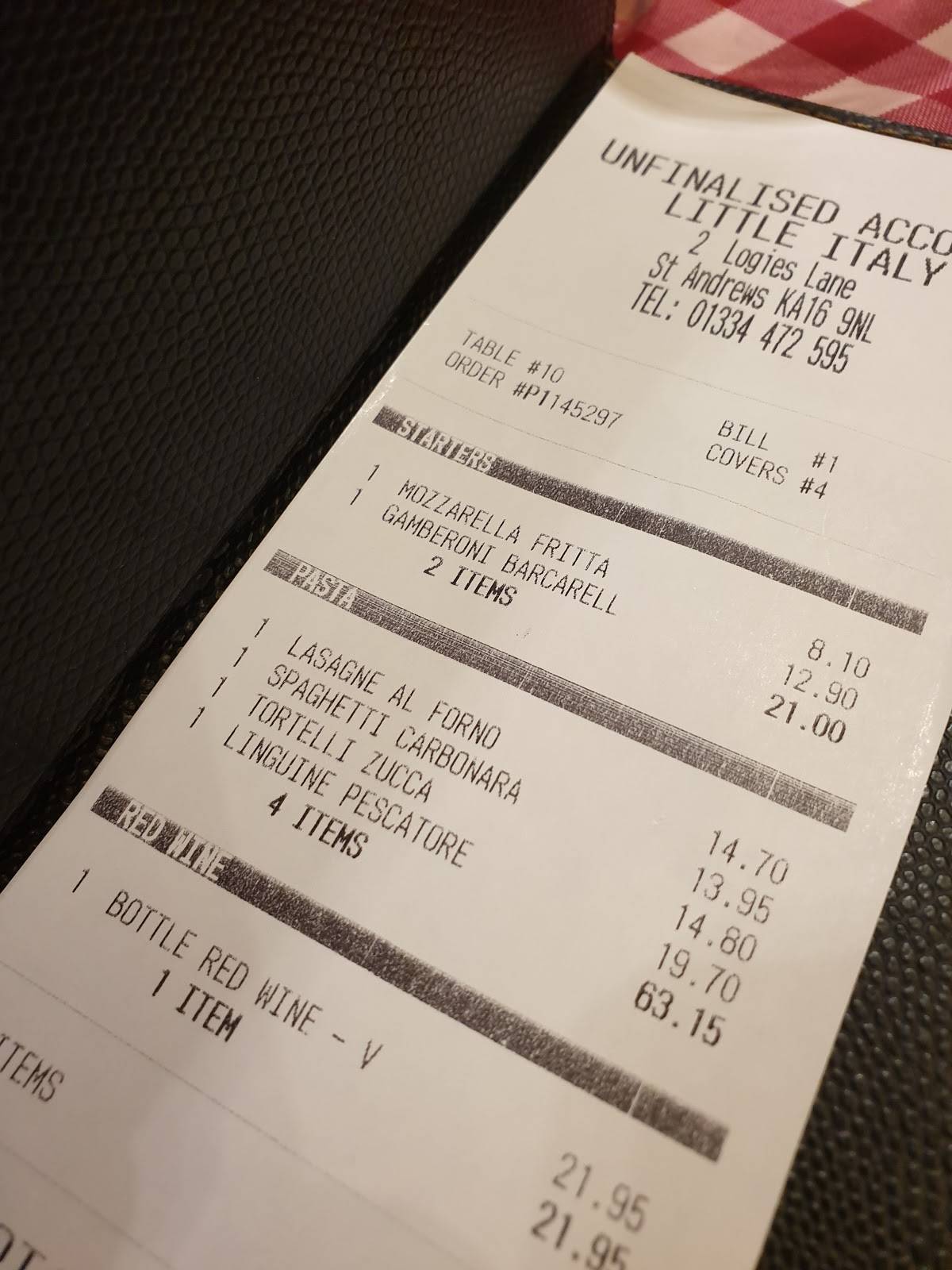 Menu at Little Italy restaurant, Saint Andrews