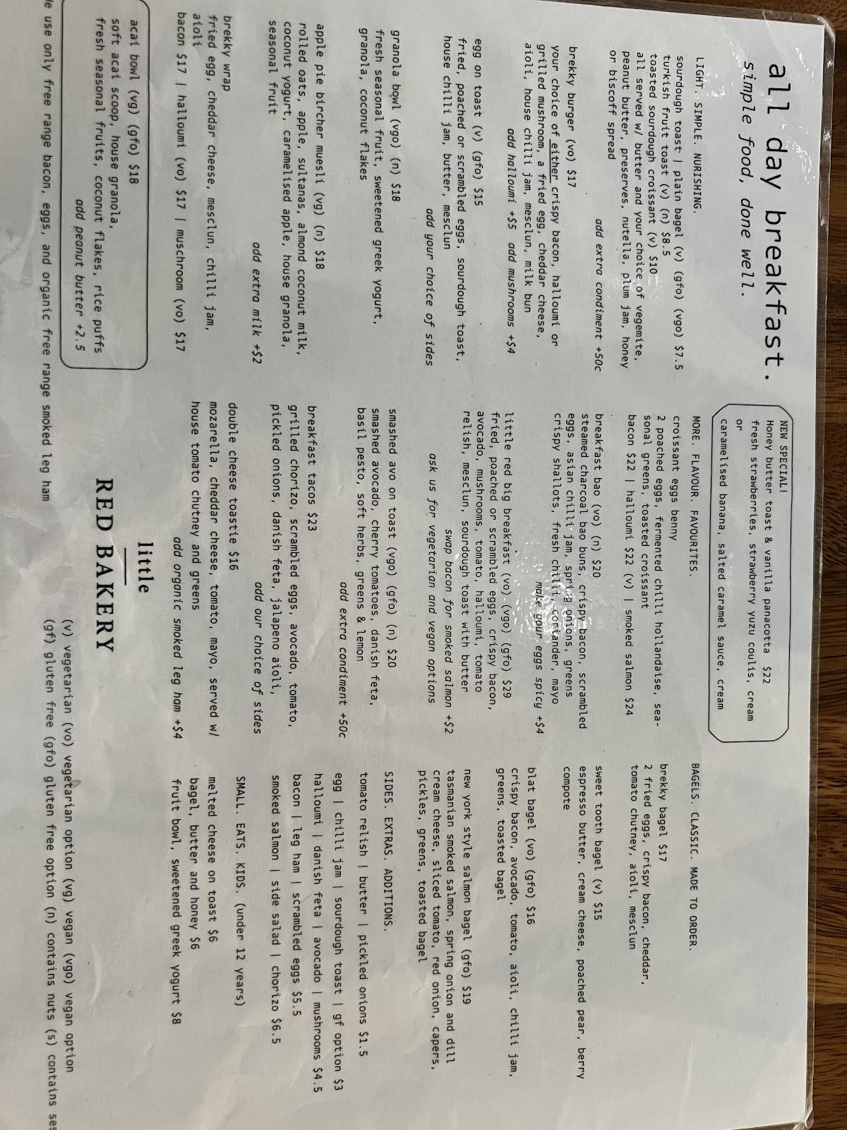 Menu at Little Red Bakery, Red Hill