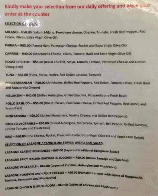 Menu at Liv In cafe, Sandton