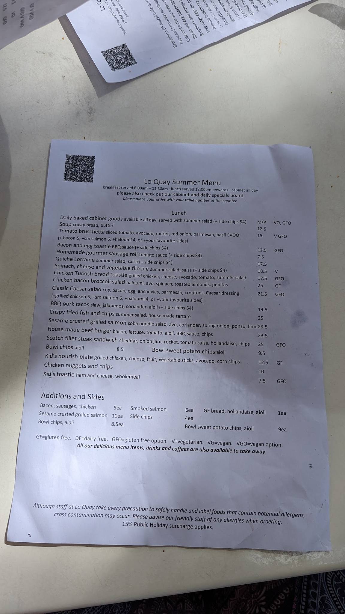 Menu at Lo Quay River Cafe, Riverton