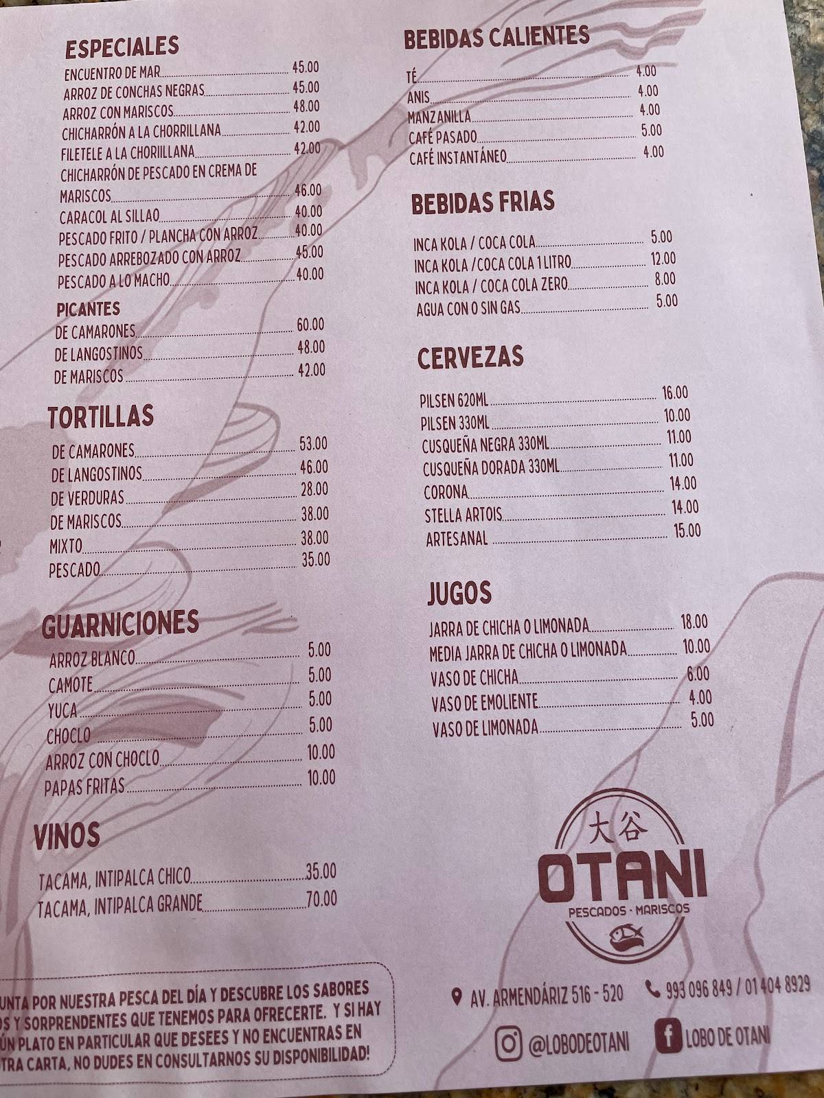 Carta del restaurante Lobo del Otani, Miraflores