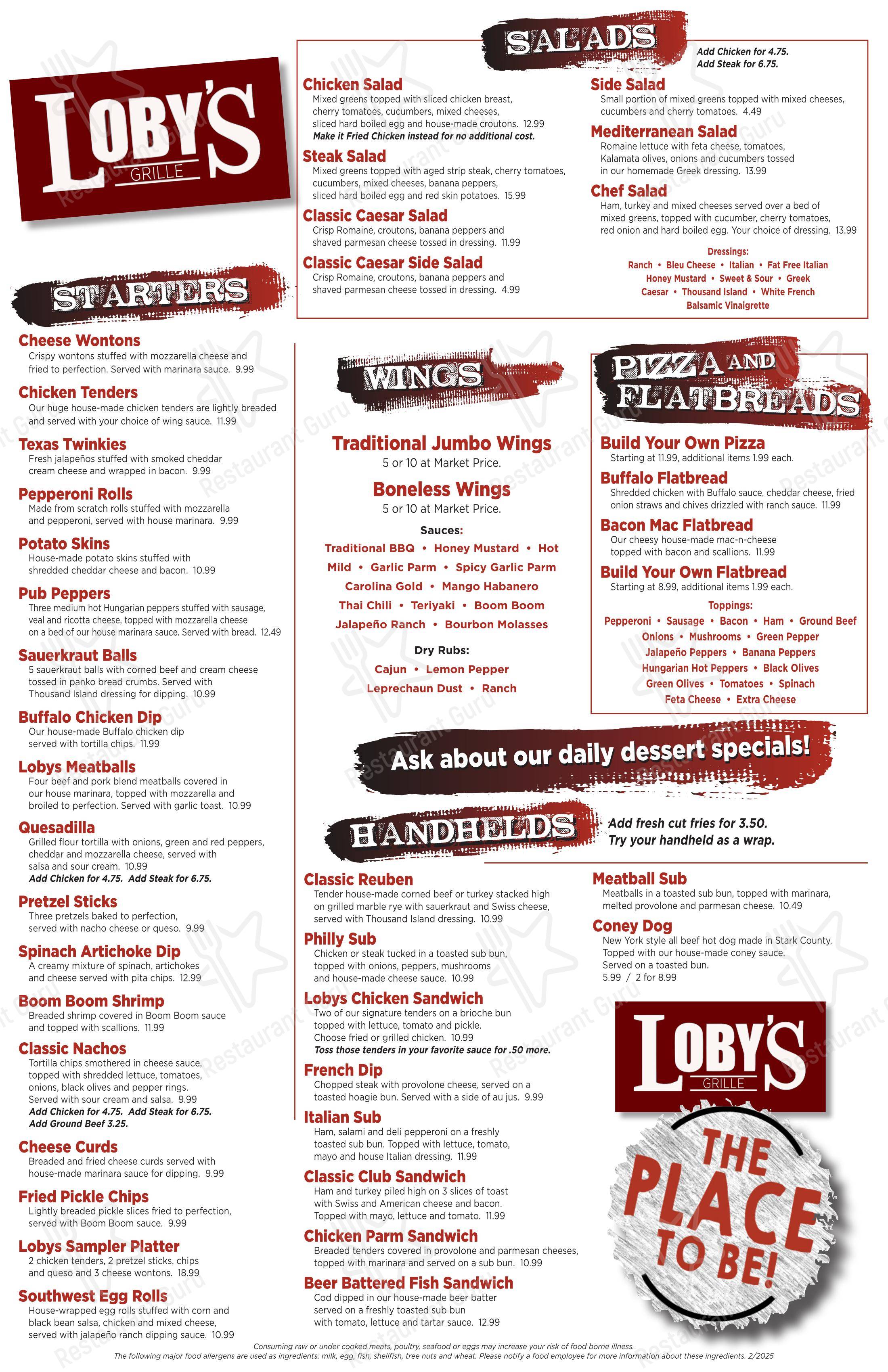 Menu at Loby's Bar & Grille, Canton