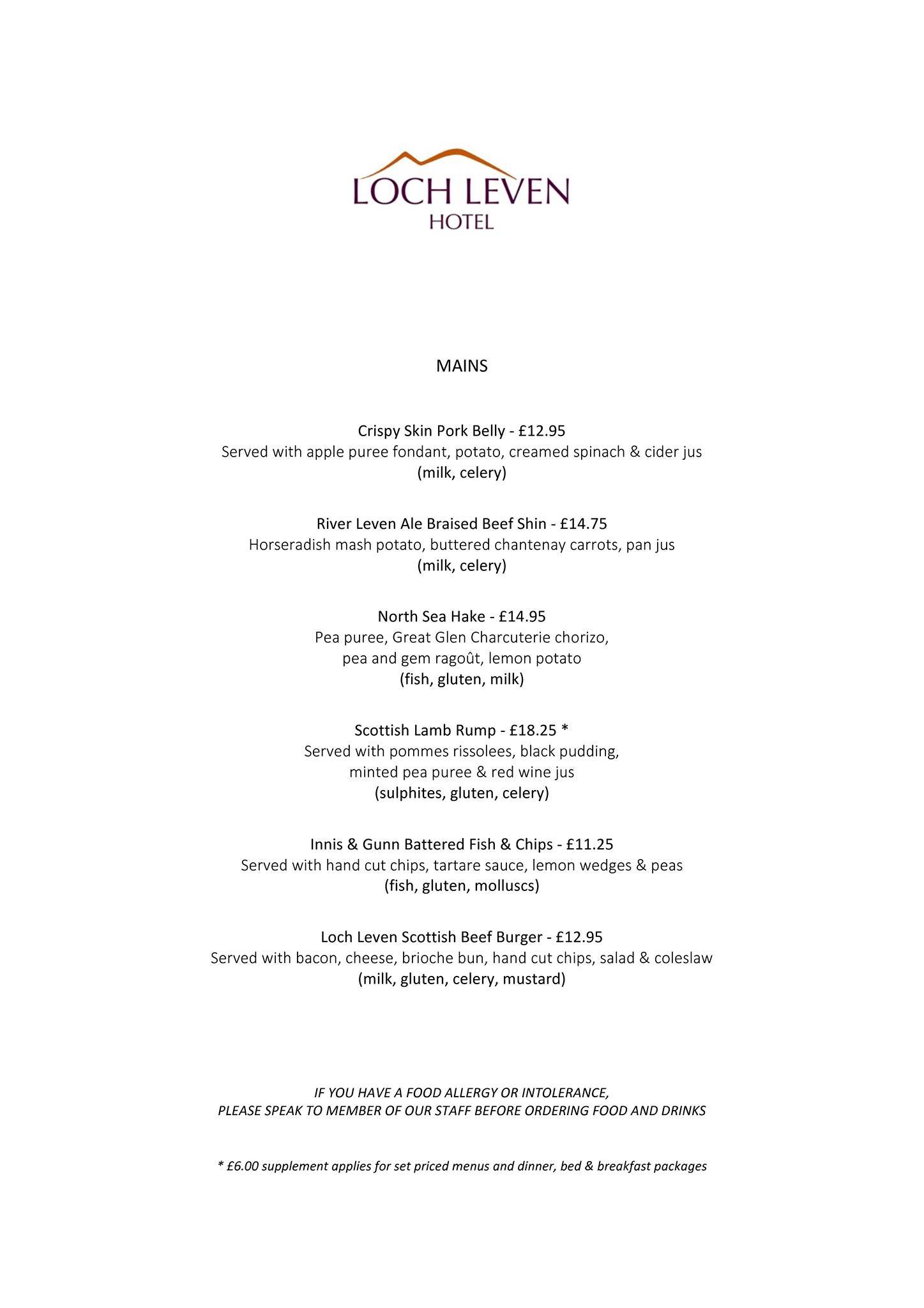 Menu at Loch Leven Hotel pub & bar, North Ballachulish