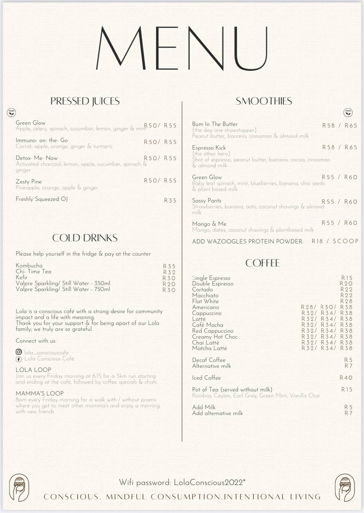 Menu at Lola Conscious Café restaurant, Port Elizabeth