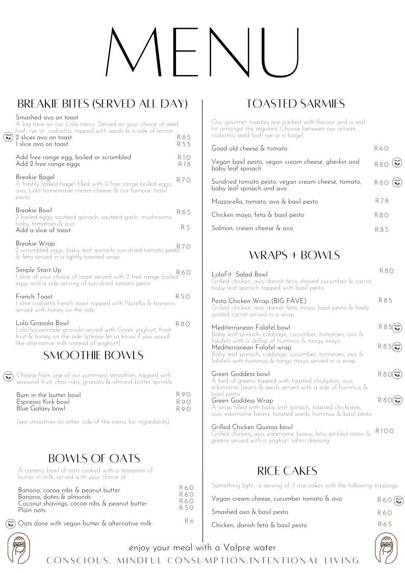 Menu at Lola Conscious Café restaurant, Port Elizabeth